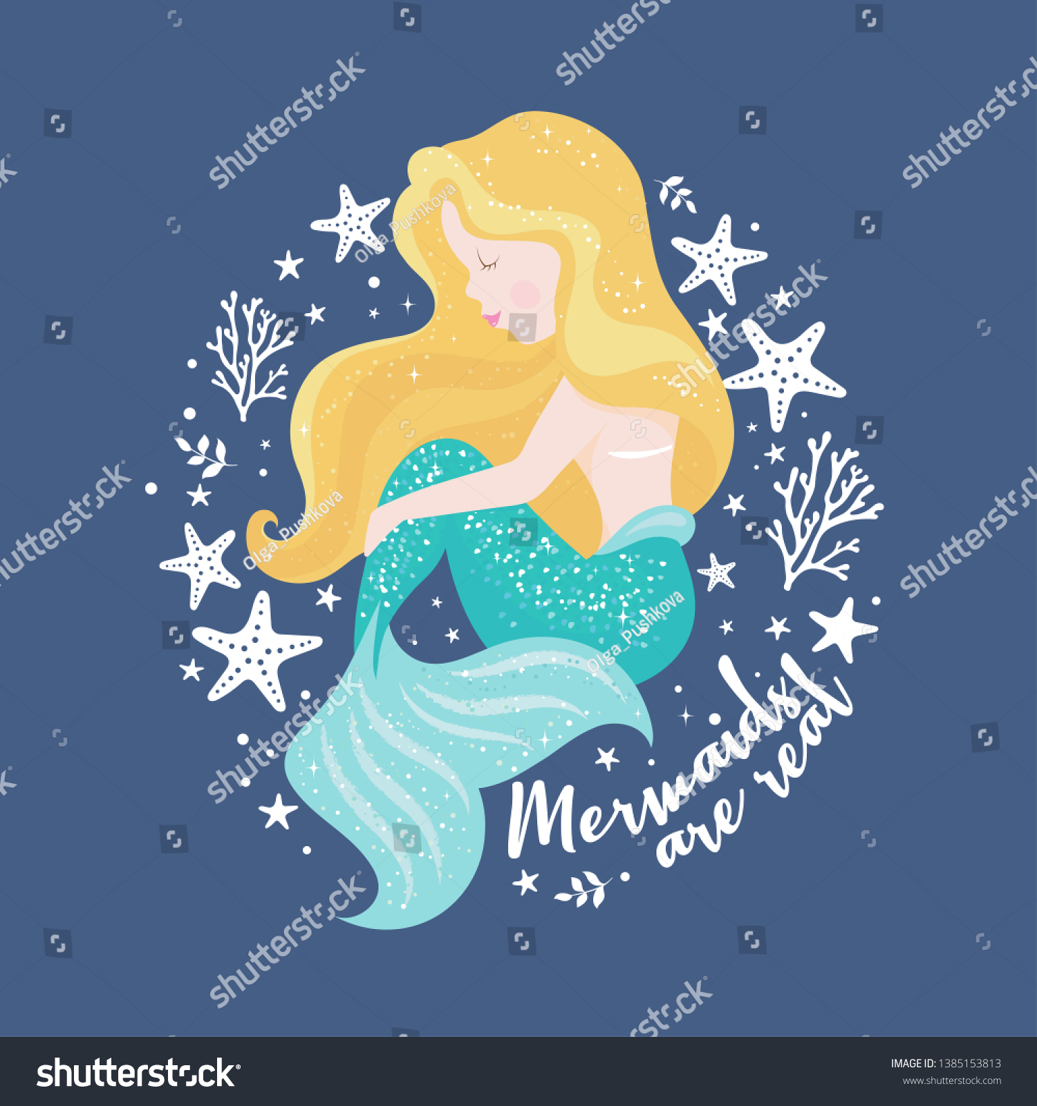 Beautiful mermaid on blue background for t shirts or kids fashion ...