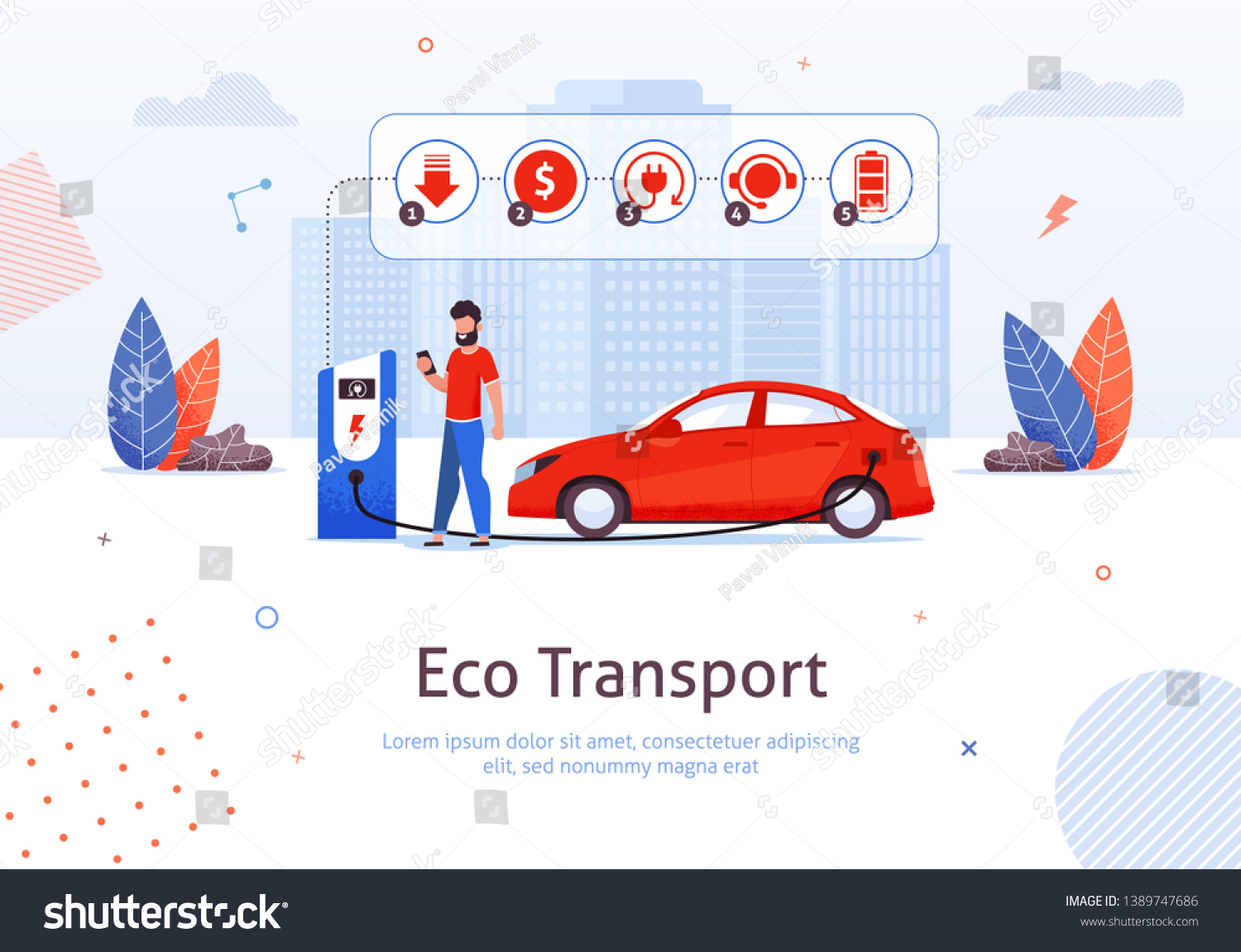 Electric Car in Refill Banner. Refueling Vector Illustration. Eco ...