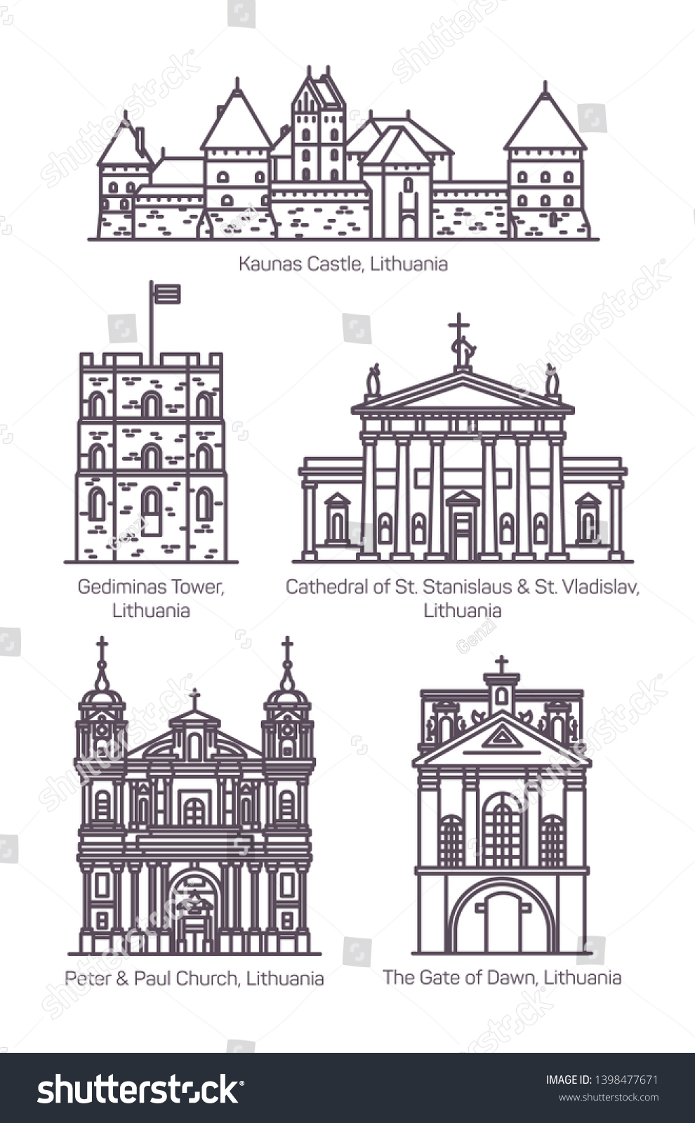 Lithuania famous landmarks in thin line. Isolated Gediminas Tower and ...