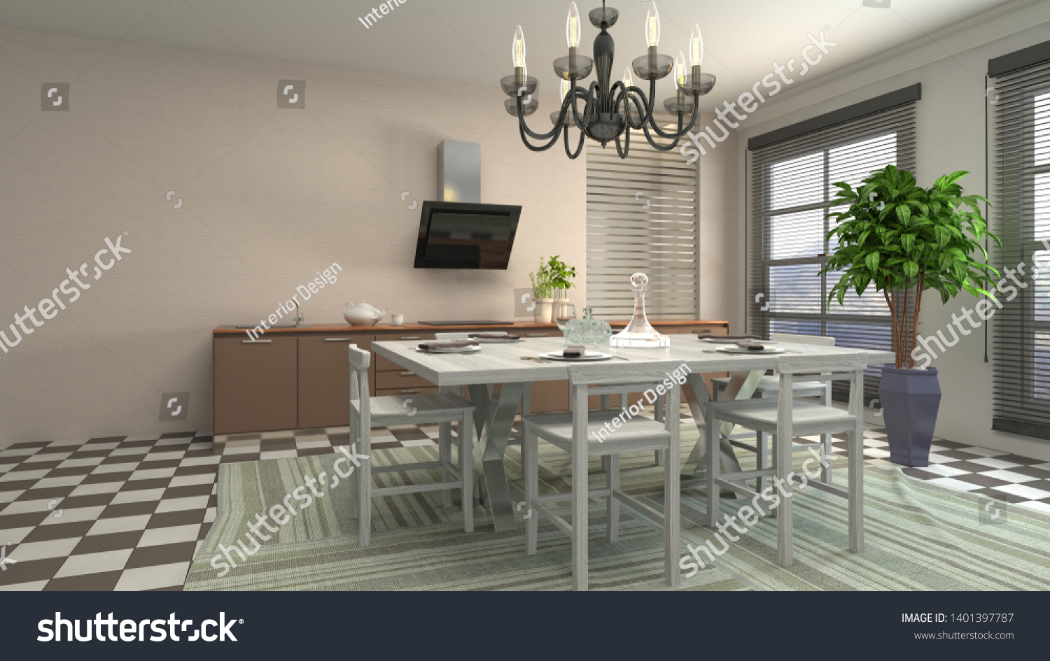 Interior dining area. 3d illustration_站酷海洛_正版图片_视频_字体_音乐素材交易平台_站酷旗下品牌