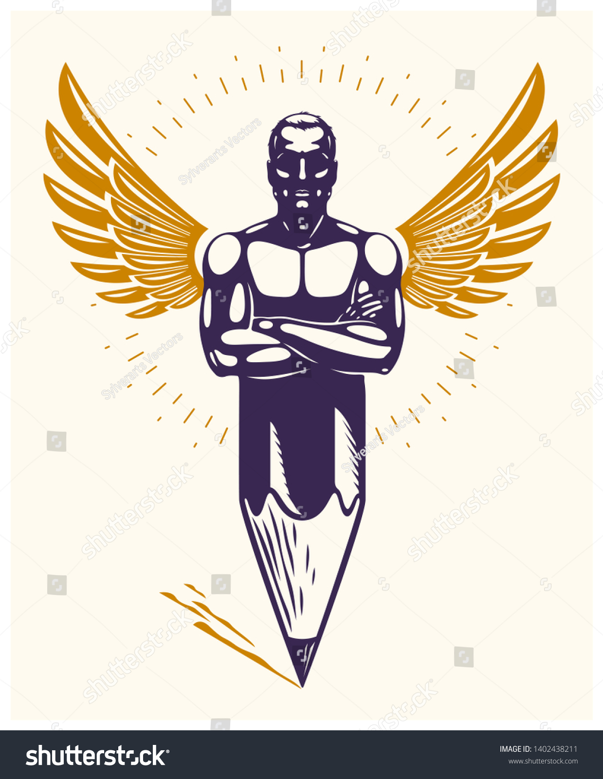 Strongman muscle man combined with pencil and wings into a symbol ...
