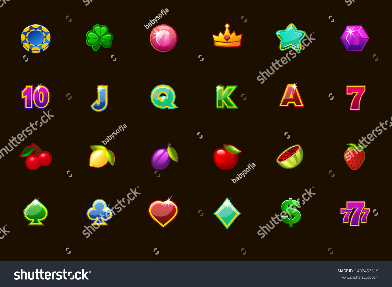 Big set gaming icons for slot machines or casino in different colors ...