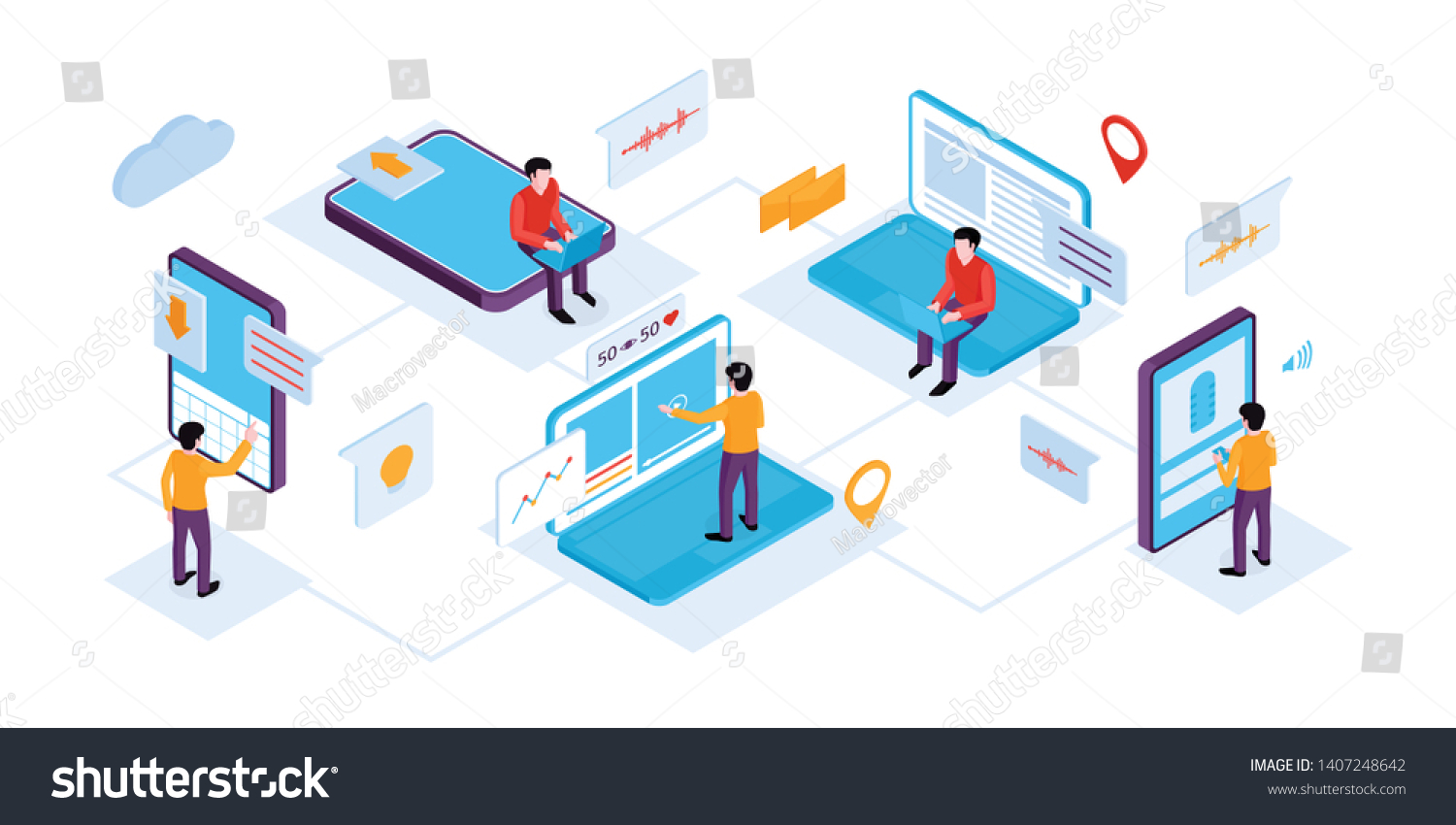 Isometric people interfaces horizontal composition with set of human ...