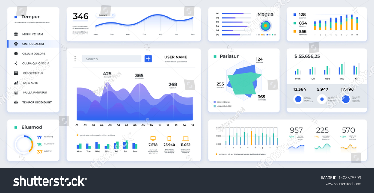 Dashboard UI. Modern presentation with data graphs and HUD diagrams ...
