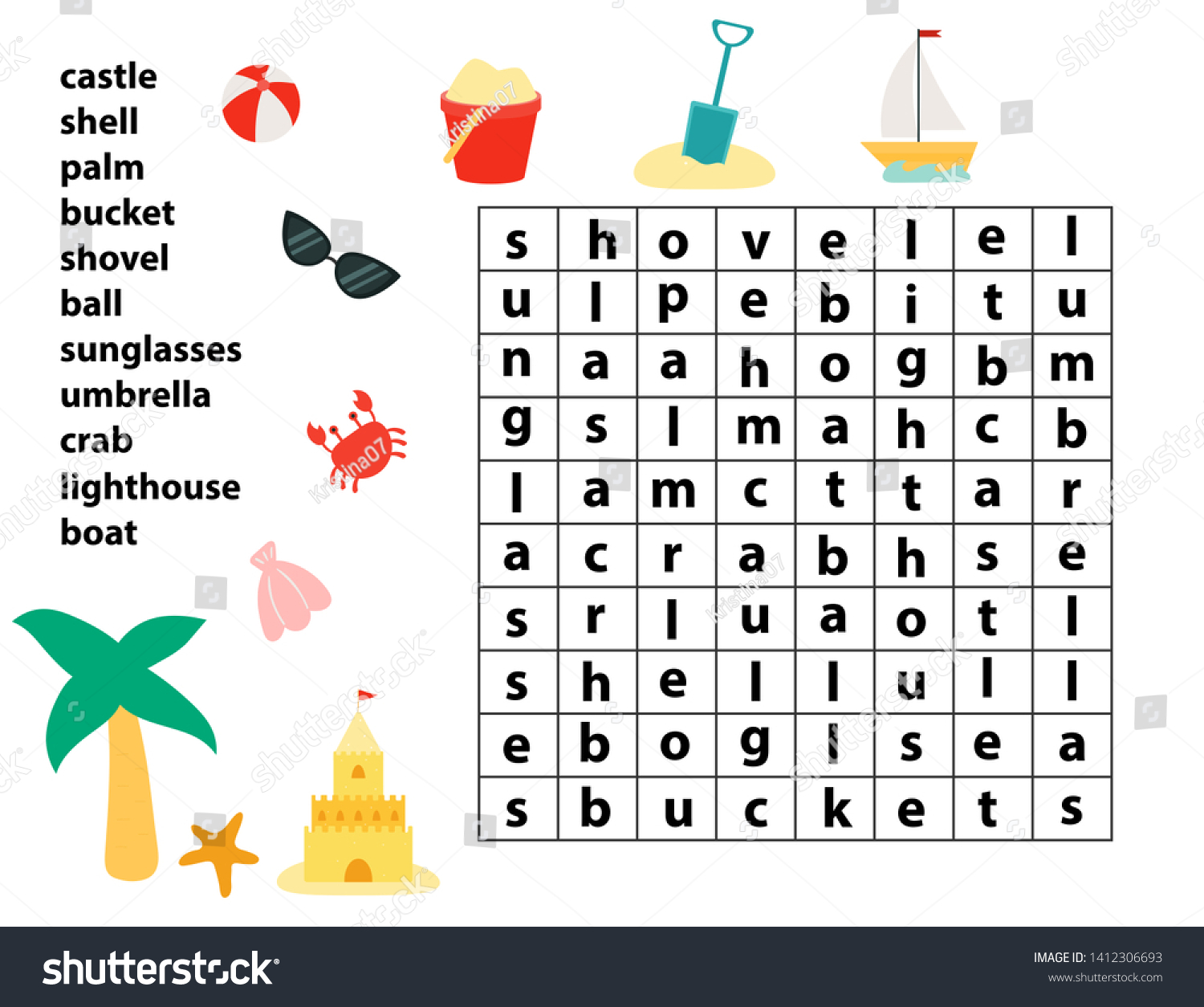 Educational word search game. Summer vacation. Beach objects. Learn ...