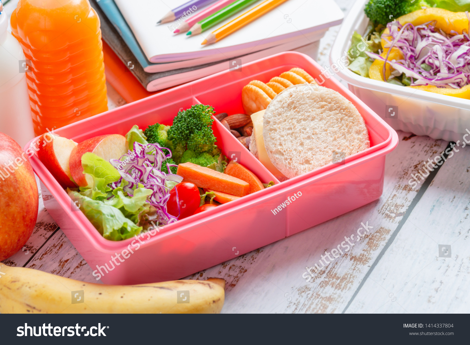 Healthy lunch box set of sandwich cheese with cracker and salad in box ...