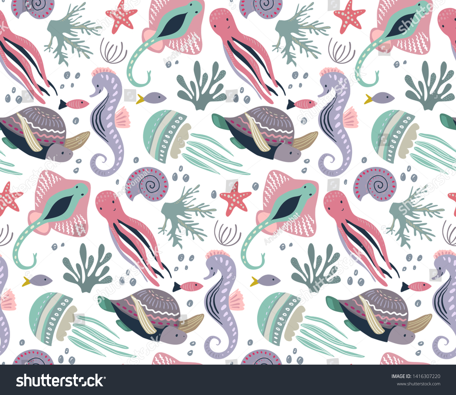 Vector seamless pattern with fish and sea animals. Jellyfish seahorse ...