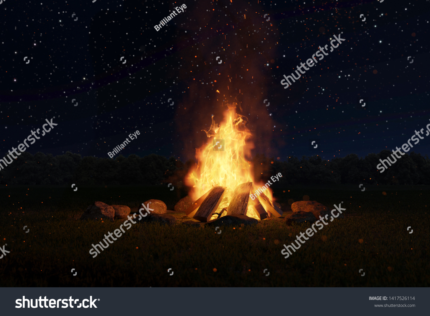 3d rendering of big bonfire with sparks and particles in front of ...