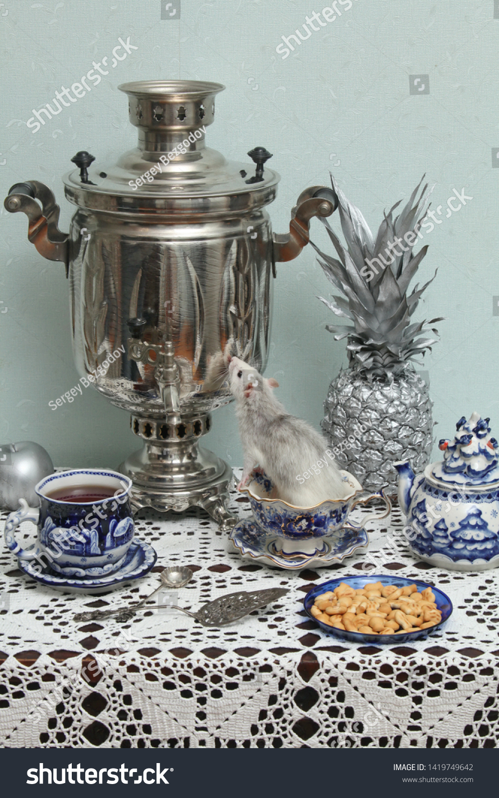 Rat. New Year 2020 symbol: white or metal silver rat. Cute rat in cup ...