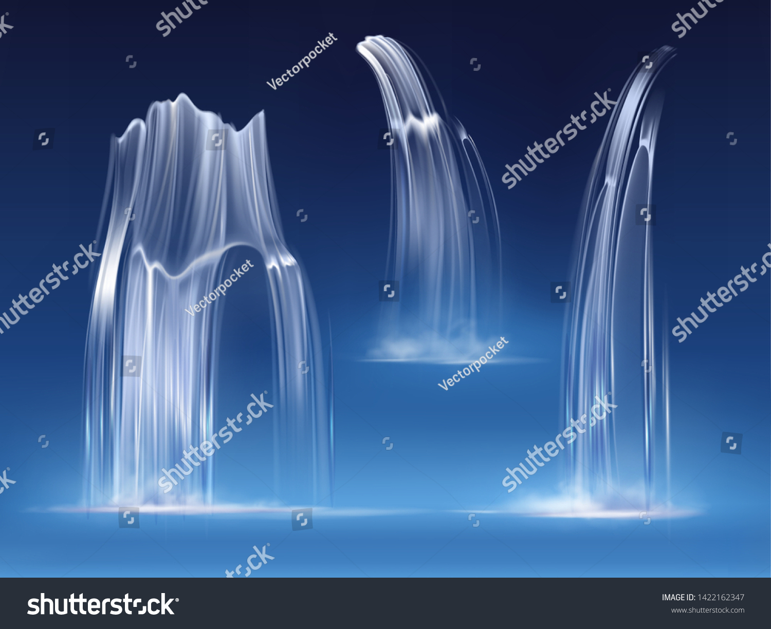 Waterfall cascade realistic water fall streams set of pure liquid with ...