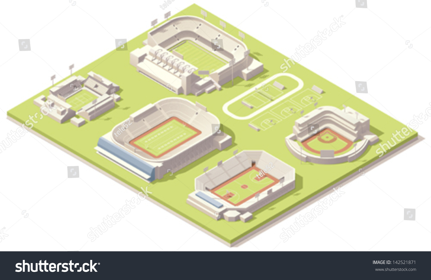Vector isometric stadium buildings set. Includes football (soccer ...