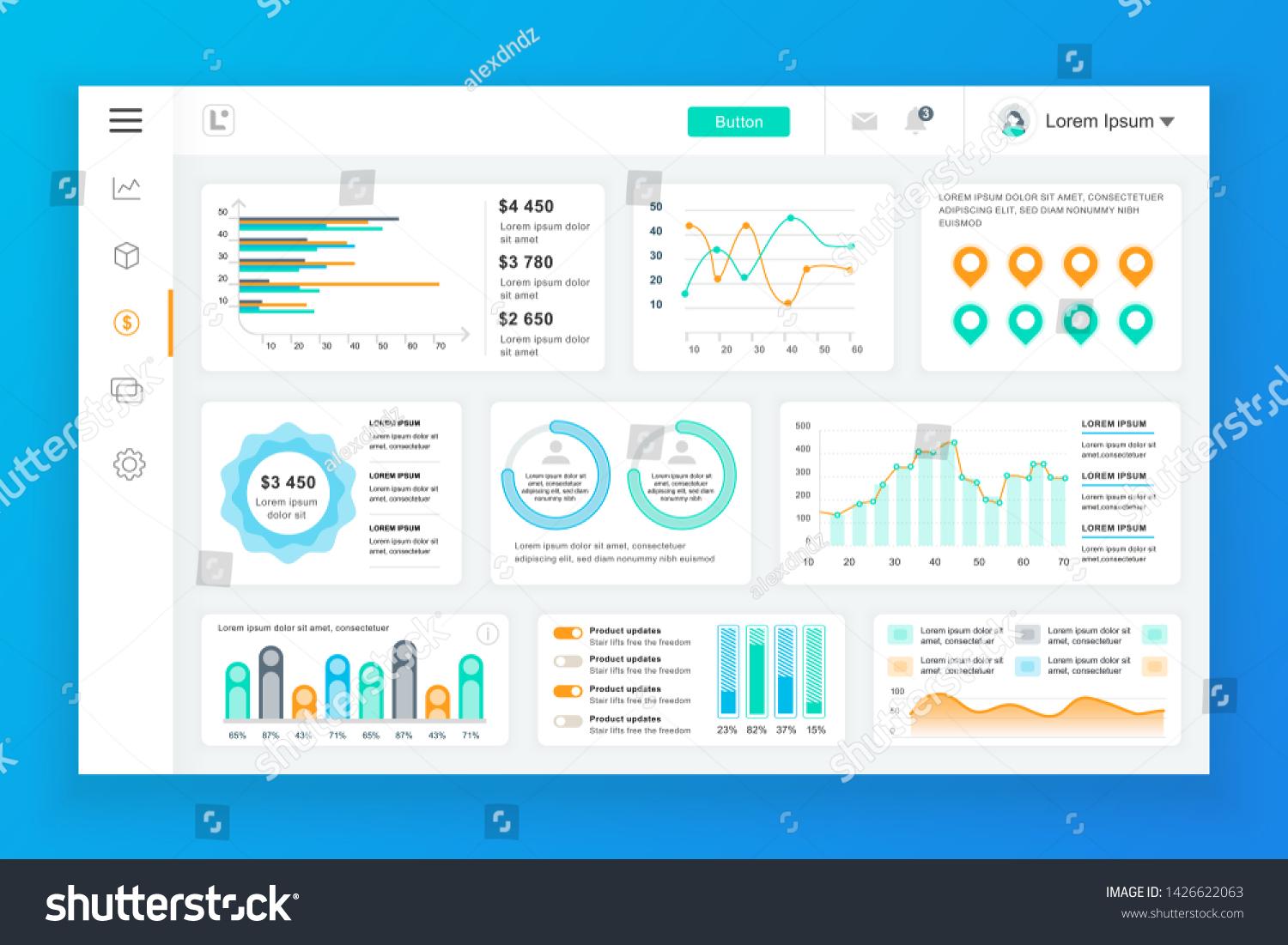 Dashboard admin panel vector design template with infographic elements ...