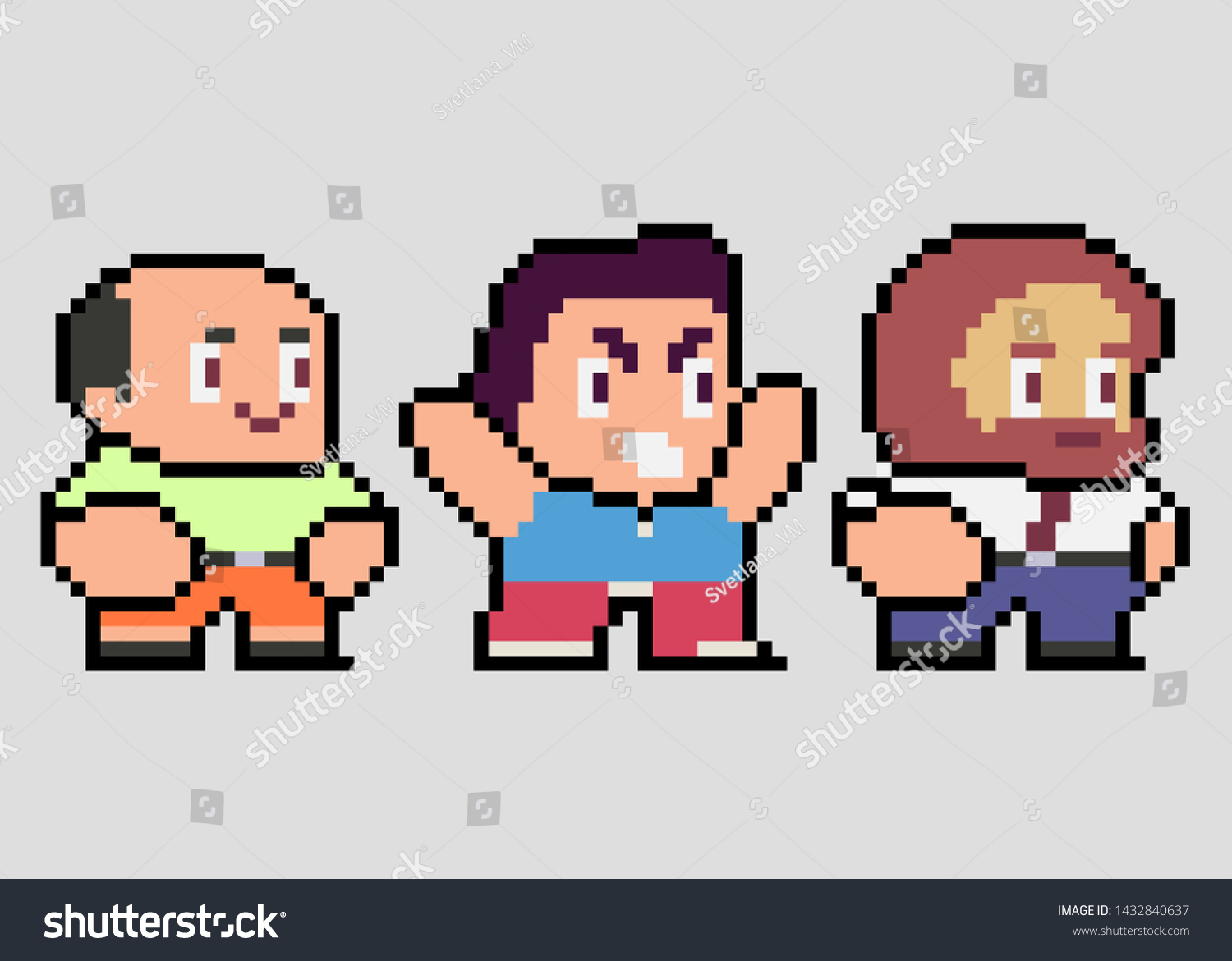 Set of game characters in perfect pixel art style. Men or boys. Retro 8 ...