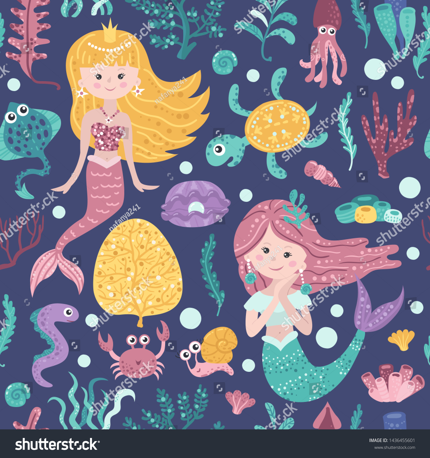 Seamless pattern with cute mermaids seaweed and fishes. Vector ...