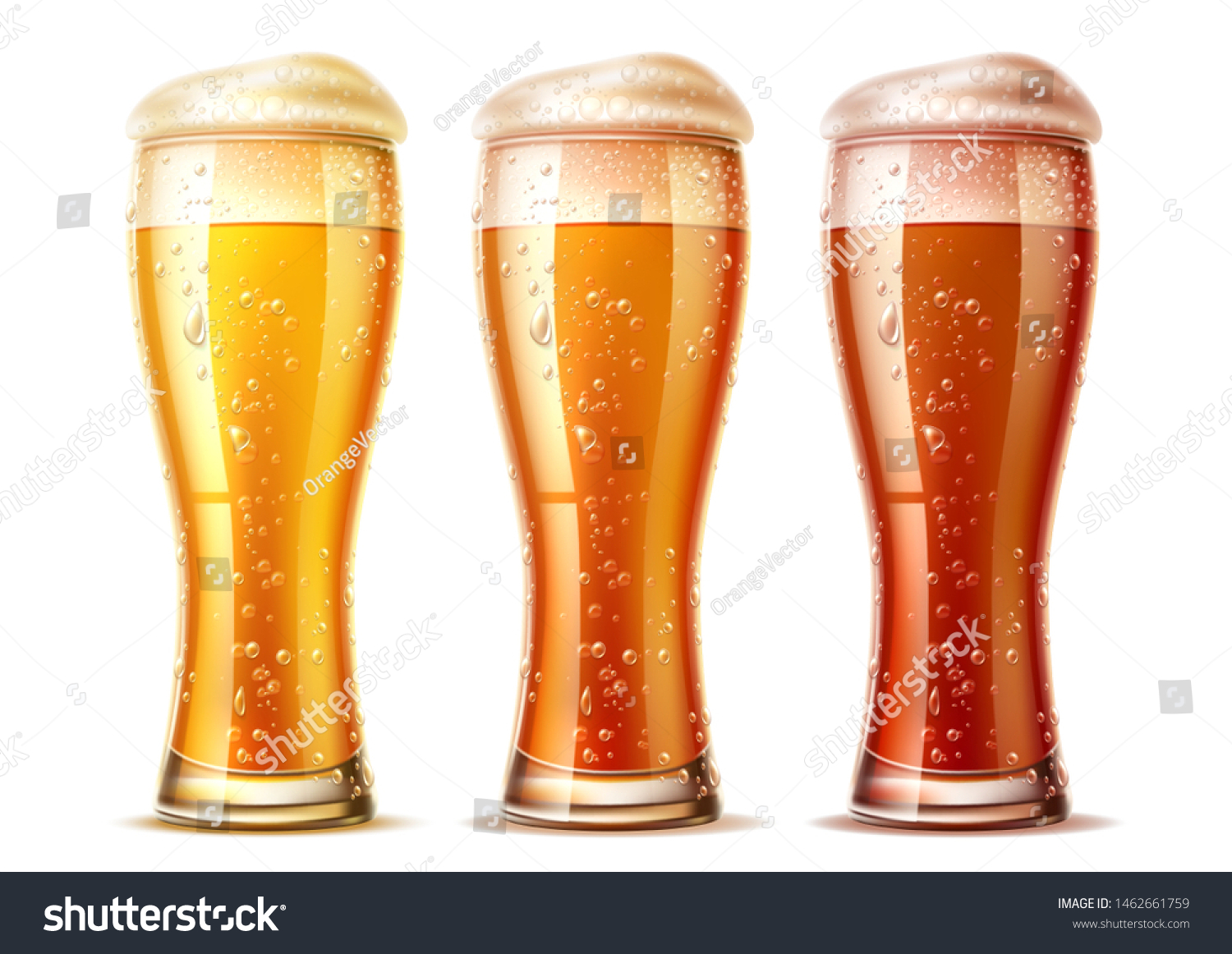 Realistic beer glasses set. Lager ale and dark beer in mugs with froth ...