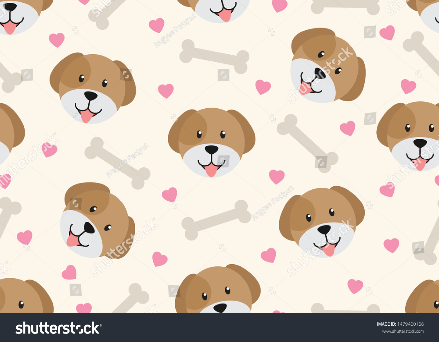 Seamless pattern of cute face dog with dog bone and heart shape ...