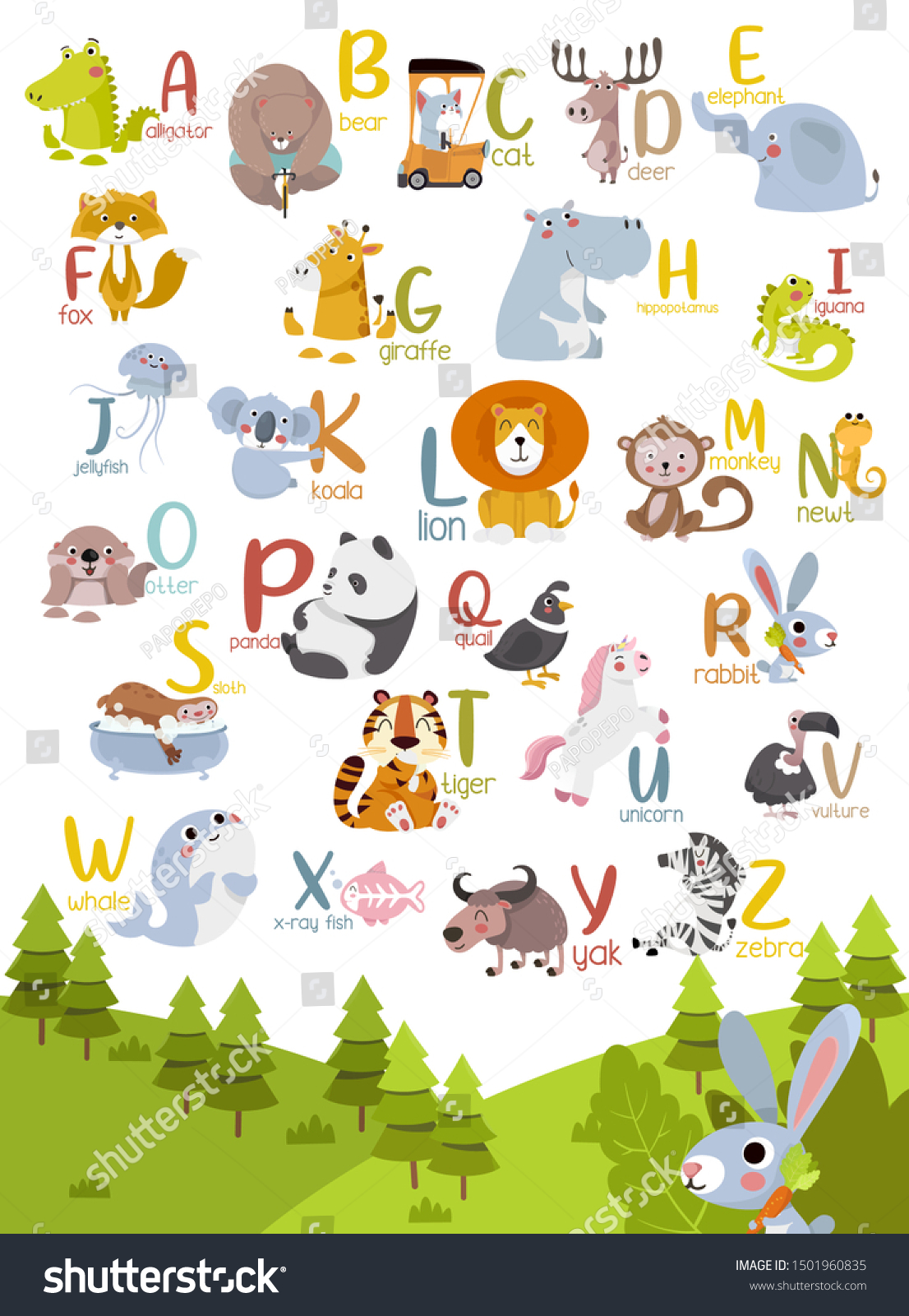 Animal alphabet graphic A to Z. Cute vector Zoo alphabet with animals ...