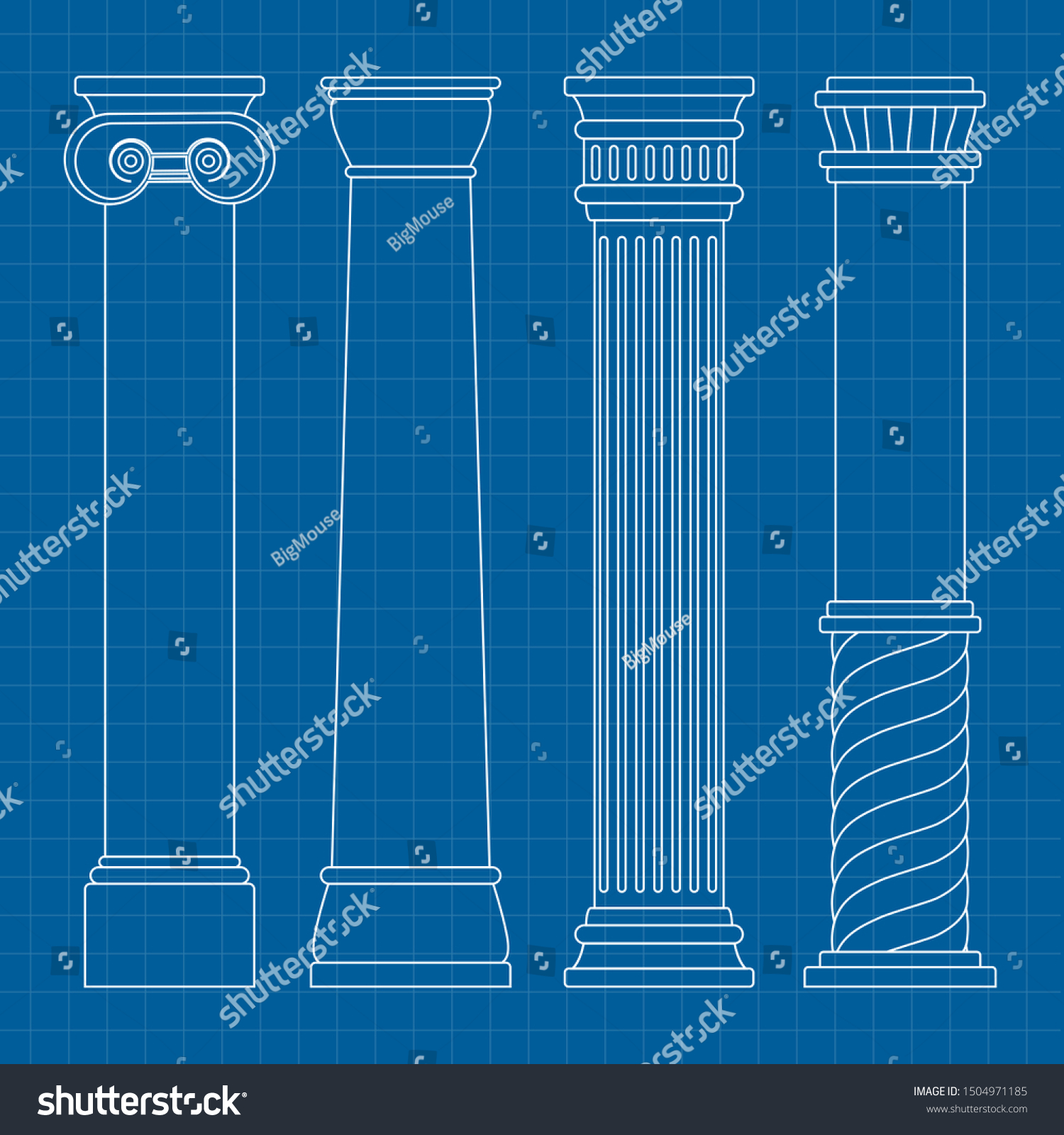 Thin Line Design Ancient Columns Set Blueprint Template Mockup Classic ...