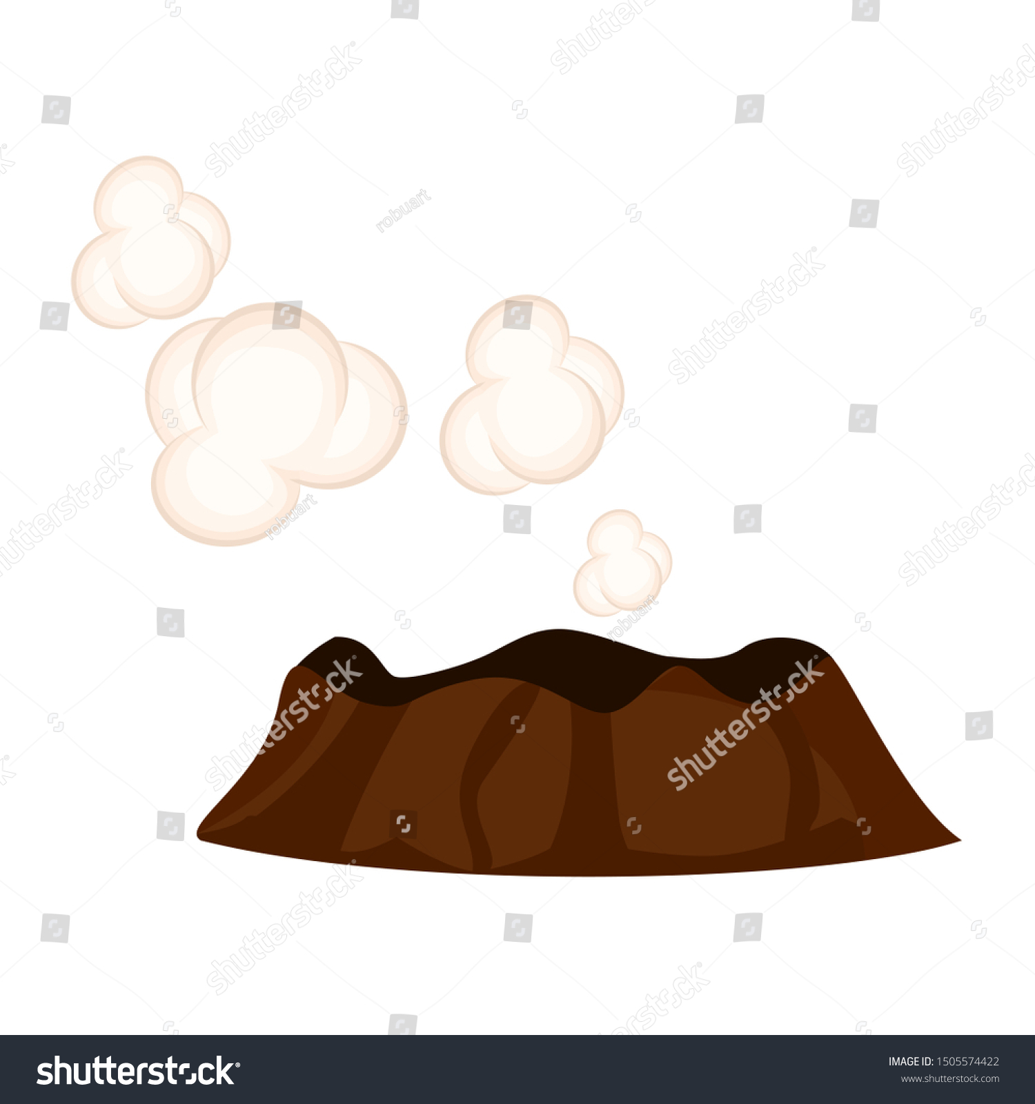 Steaming or sleeping volcano graphic icon with white clouds isolated on ...