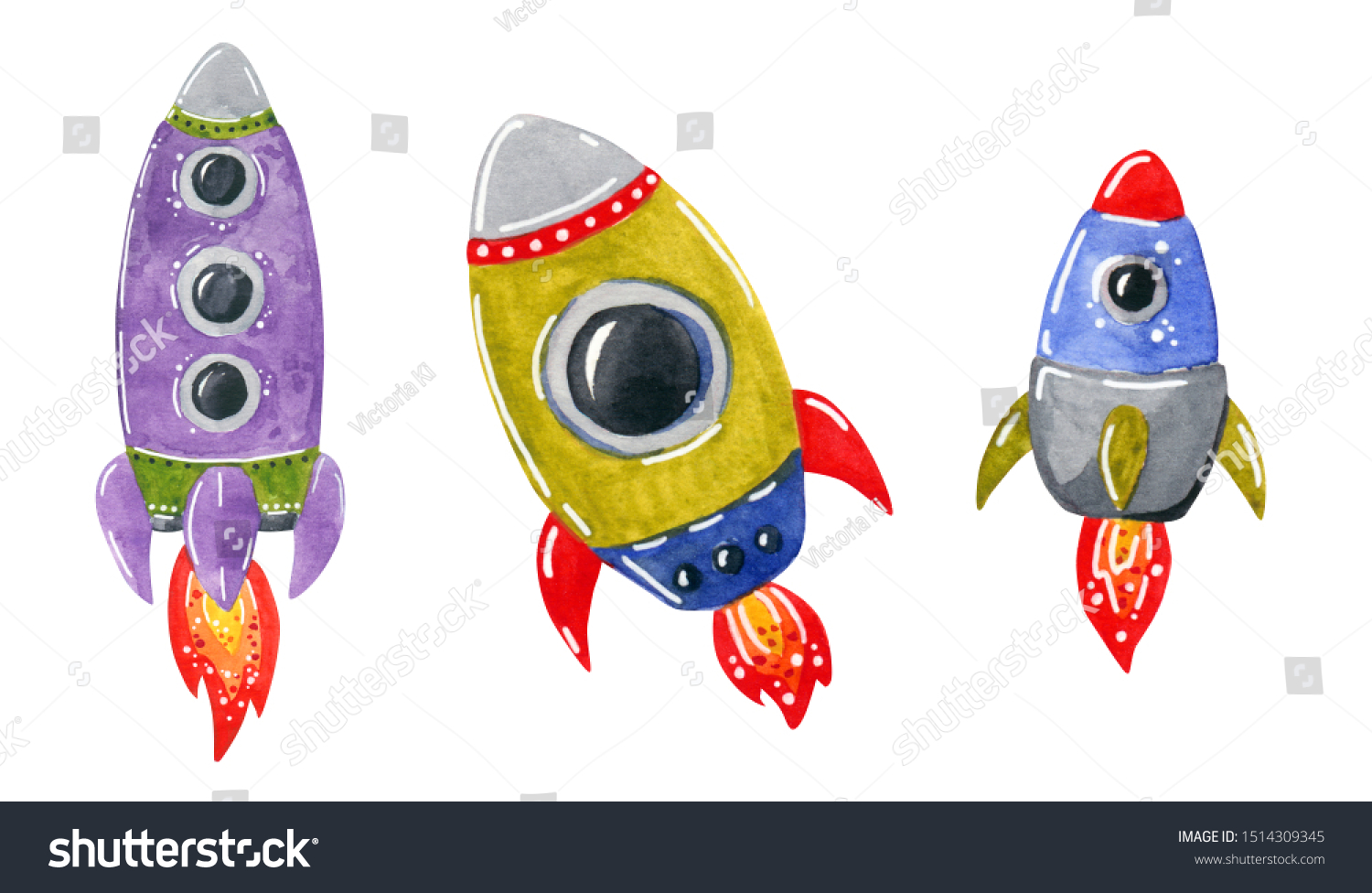 Space clipart set space rockets hand drawn watercolor illustration ...
