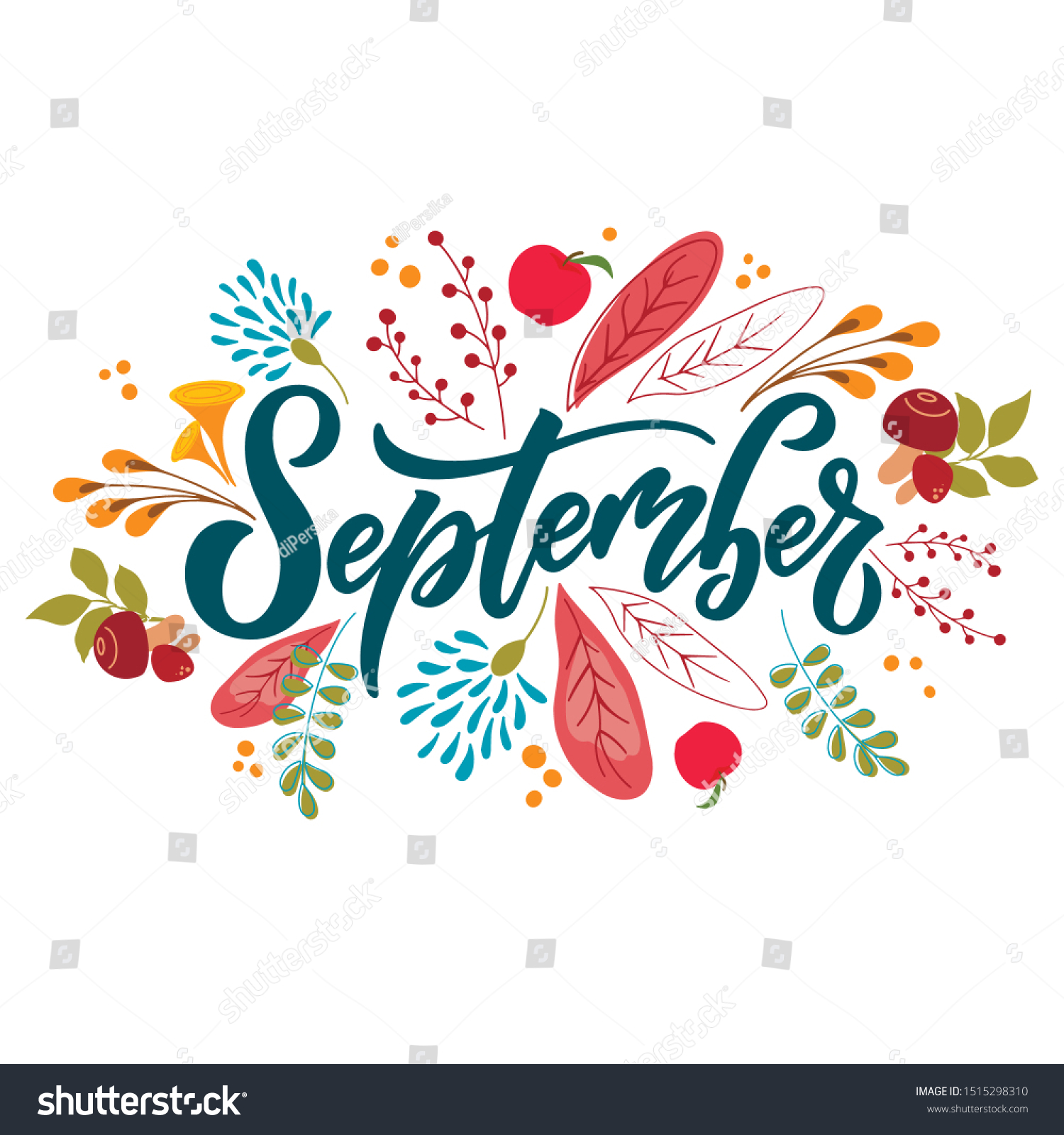 Hand sketched lettering “September” with beautiful autumn leaves ...