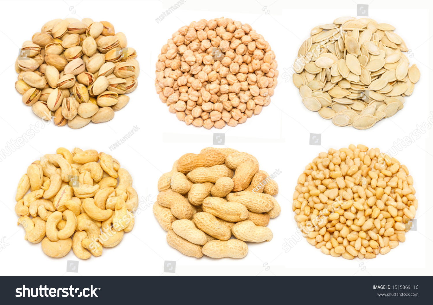 Set of different of nuts - pistachio nuts in the shell chickpea seeds ...