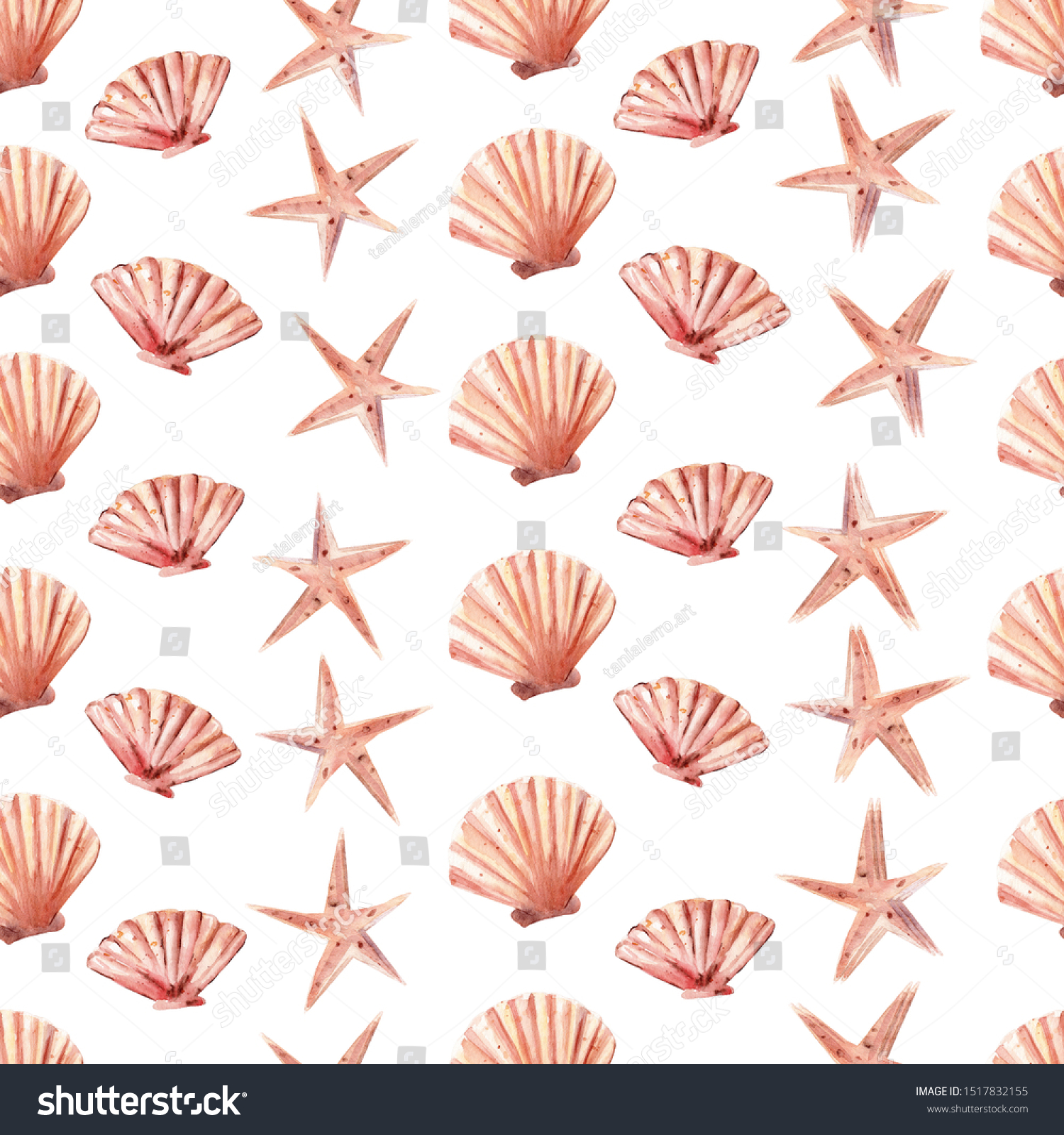 Tropical sea shell and starfish seamless watercolor raster pattern ...