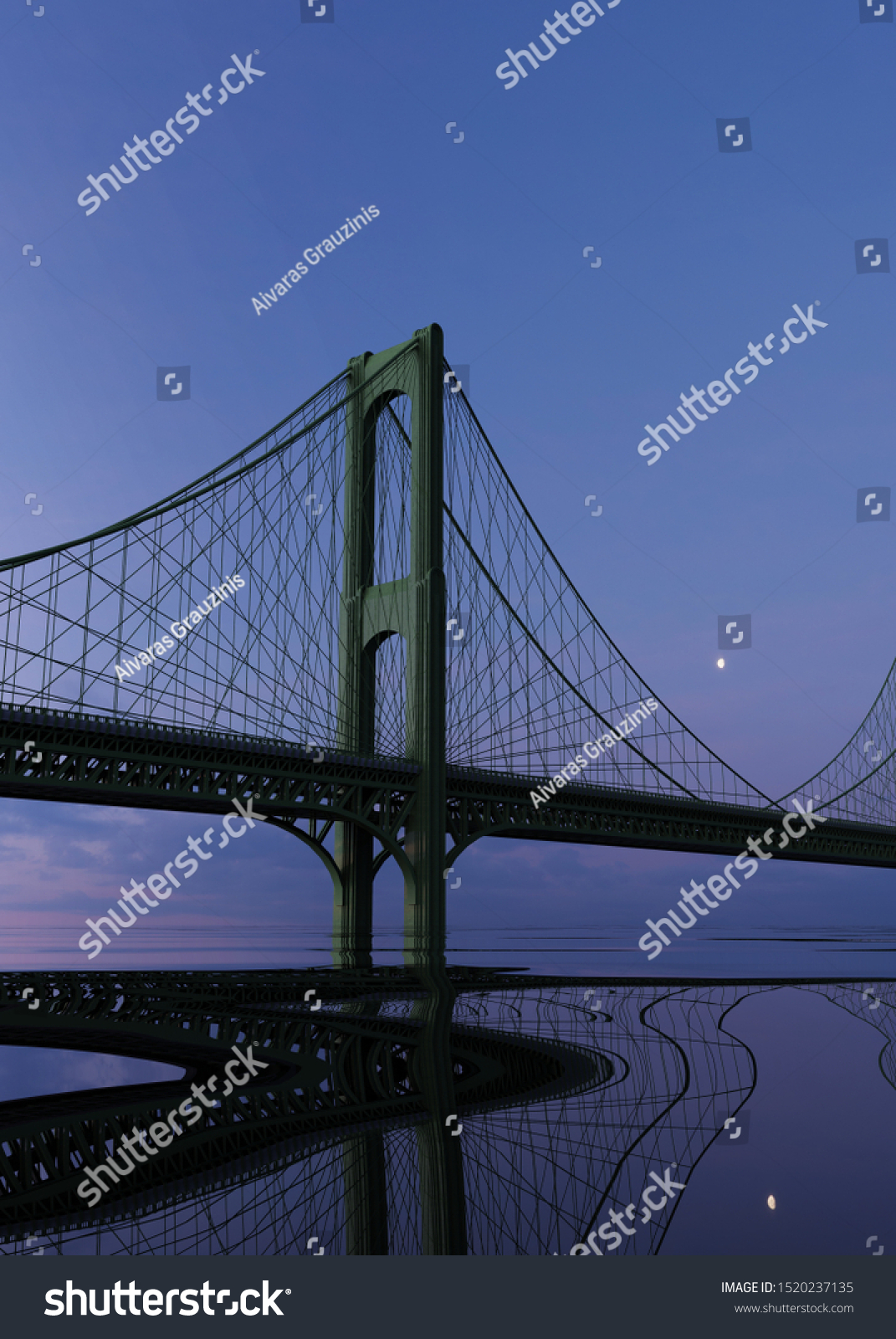 A art deco style suspension bridge over reflective tranquil water - the ...