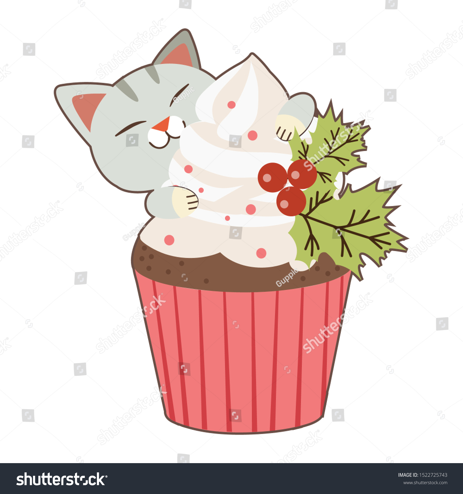 The character of cute cat garp a big cupcake in christmas theme. The ...