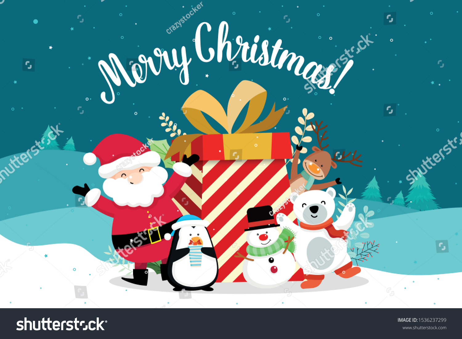 Christmas Greeting Card with Christmas Santa Claus Snowman and reindeer ...