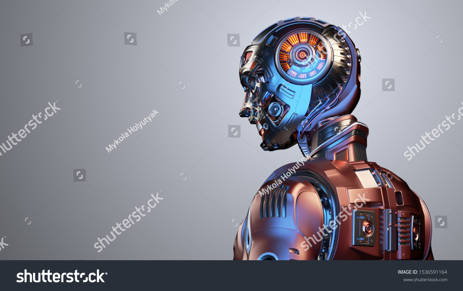 Very detailed futuristic robot man or red humanoid cyborg with metallic ...