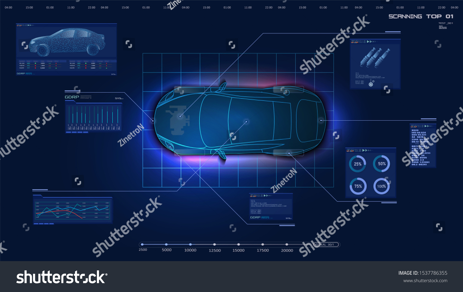 Top view of the car. Futuristic car service scanning and auto data ...