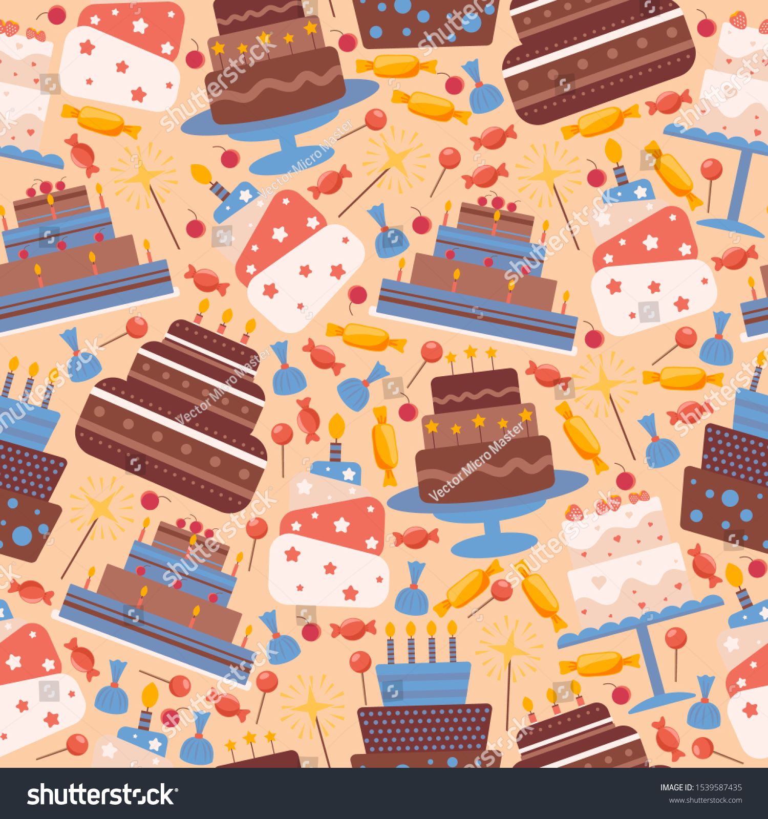 Cakes seamless pattern vector illustration. Icons of birthday and ...