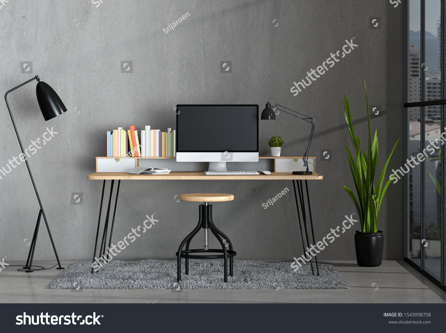 3D render of interior modern living room workspace with desk and ...