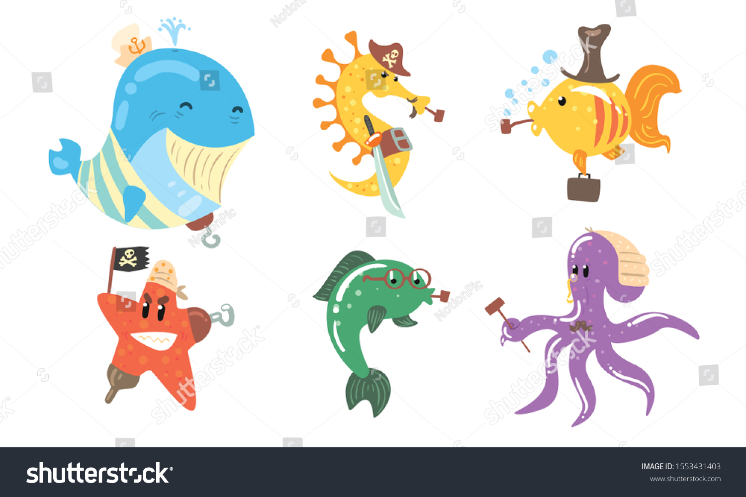 Set of cartoon sea animals pirates. Vector illustration._站酷海洛_正版图片_视频 ...