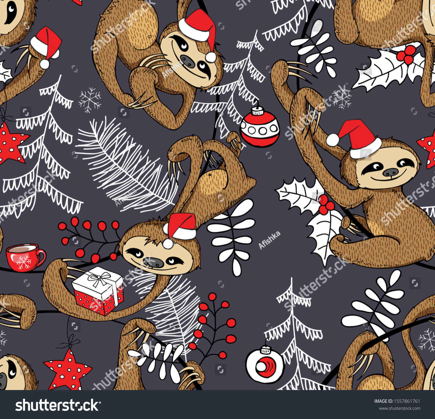 Merry Christmas and New Year seamless wallpaper pattern. Funny Sloths ...