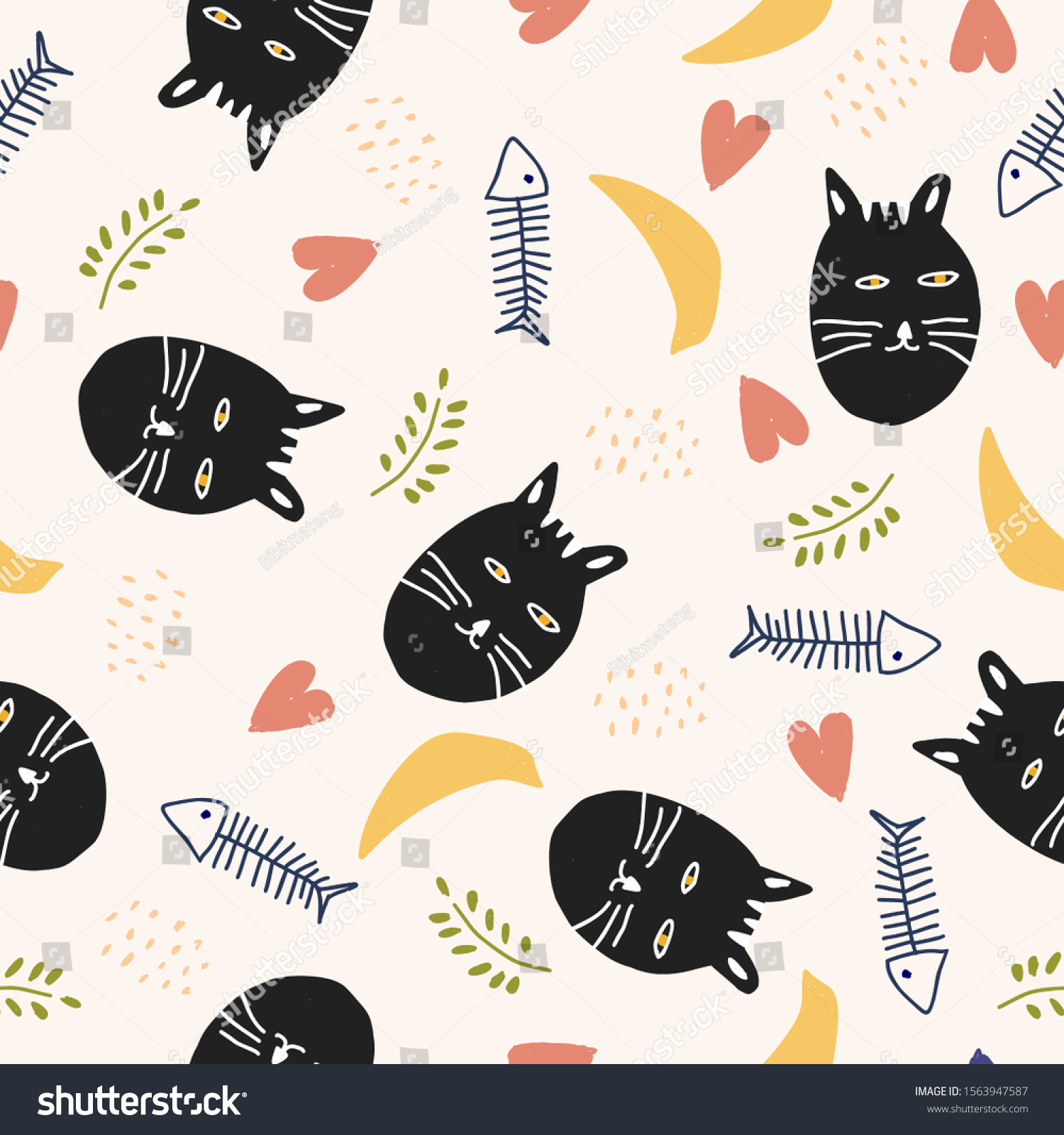 Funny cats seamless pattern with fish and kitten head decoration ...