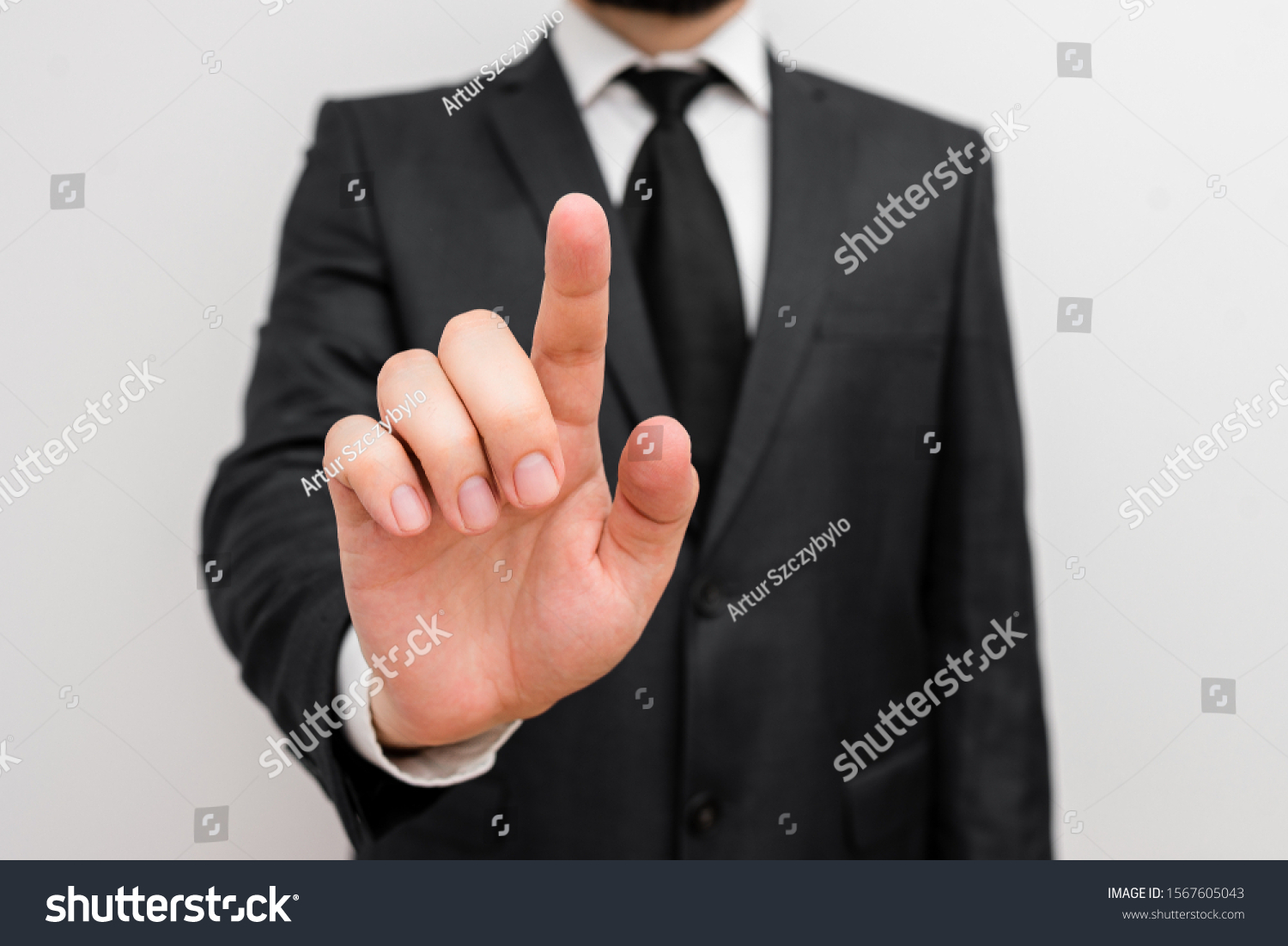 Male human with beard wear formal working clothes raising one hand up ...
