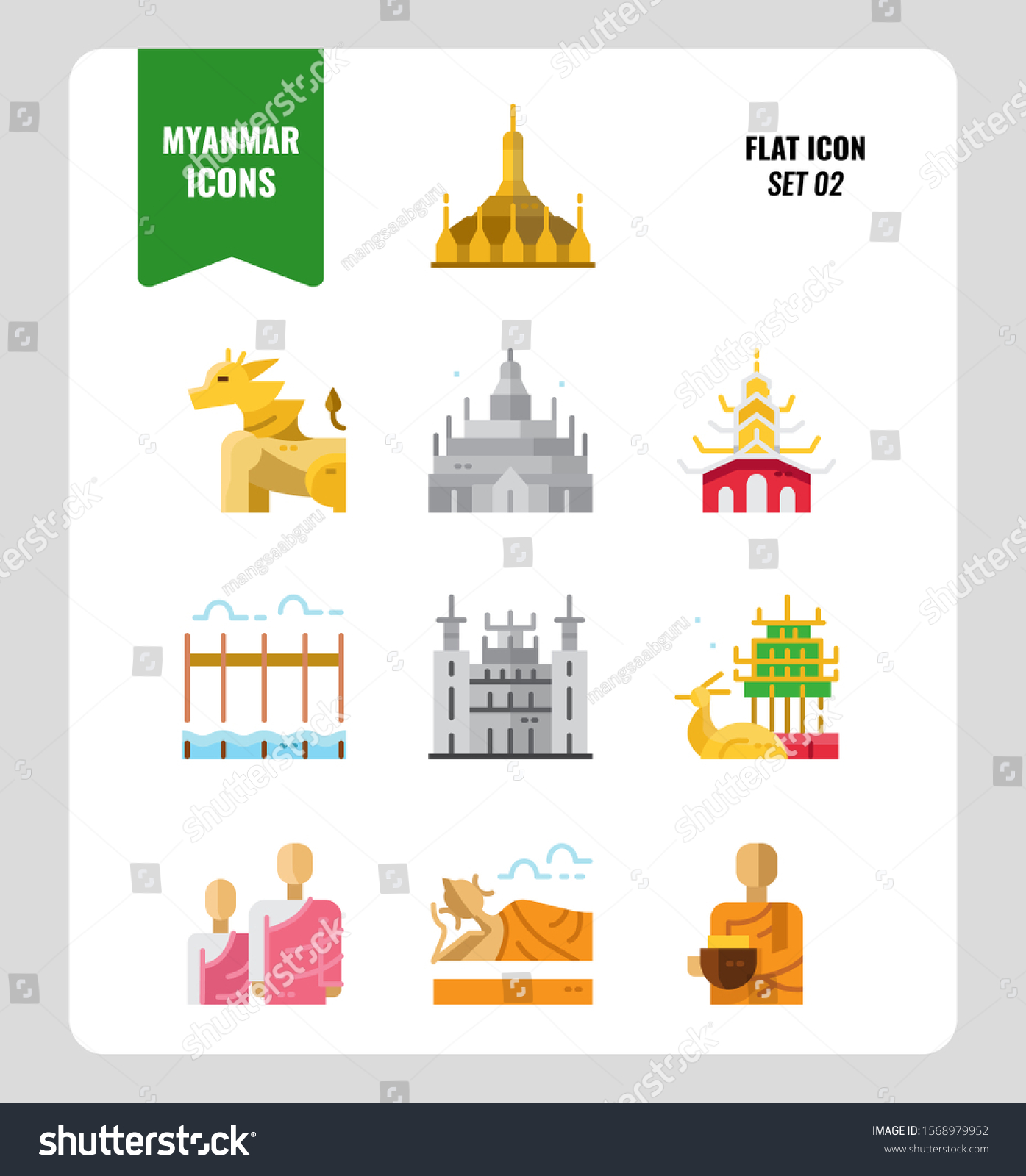 Myanmar icon set 2. Include landmark people culture and more. Flat ...