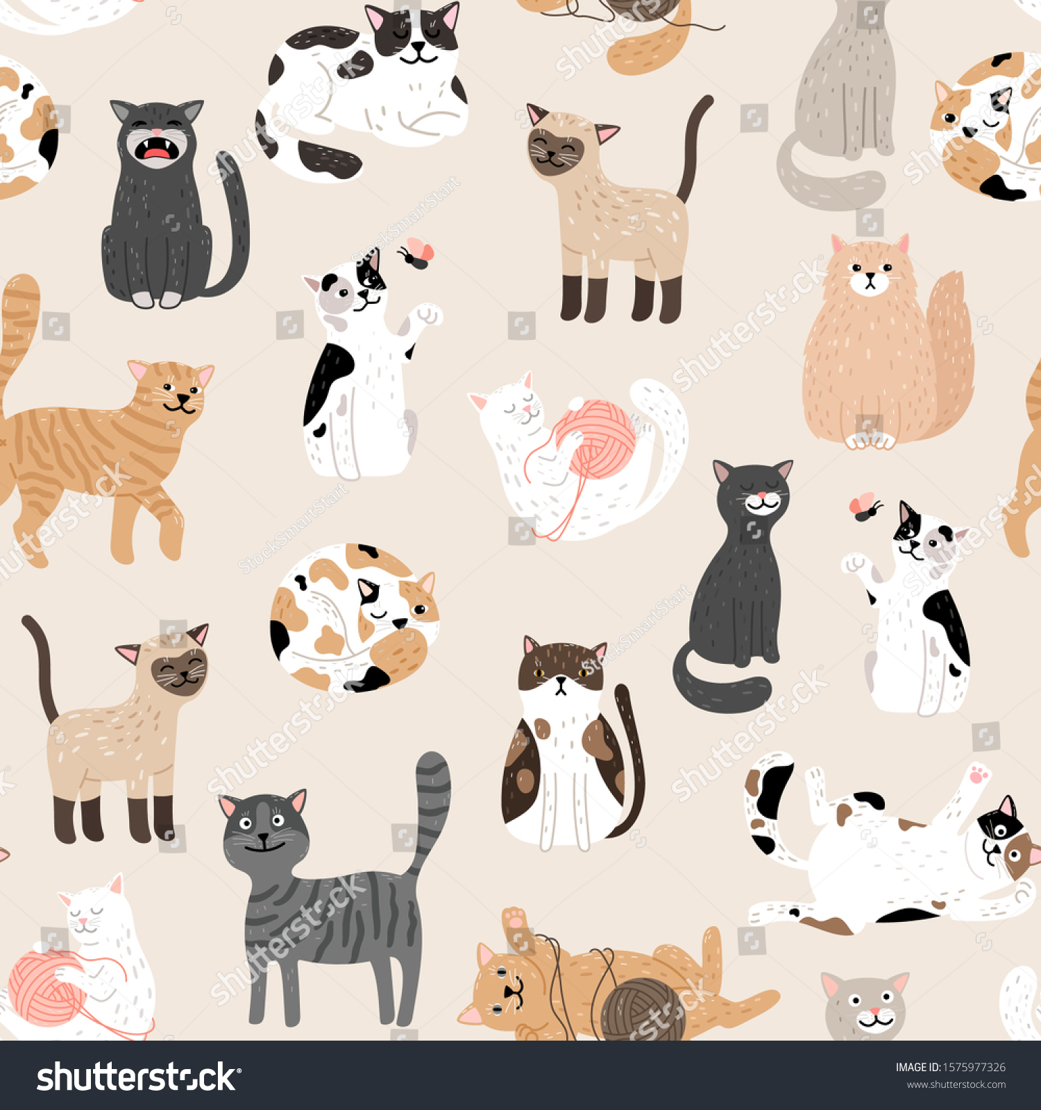 Kitty seamless pattern. Color cute cats vector background colorful ...