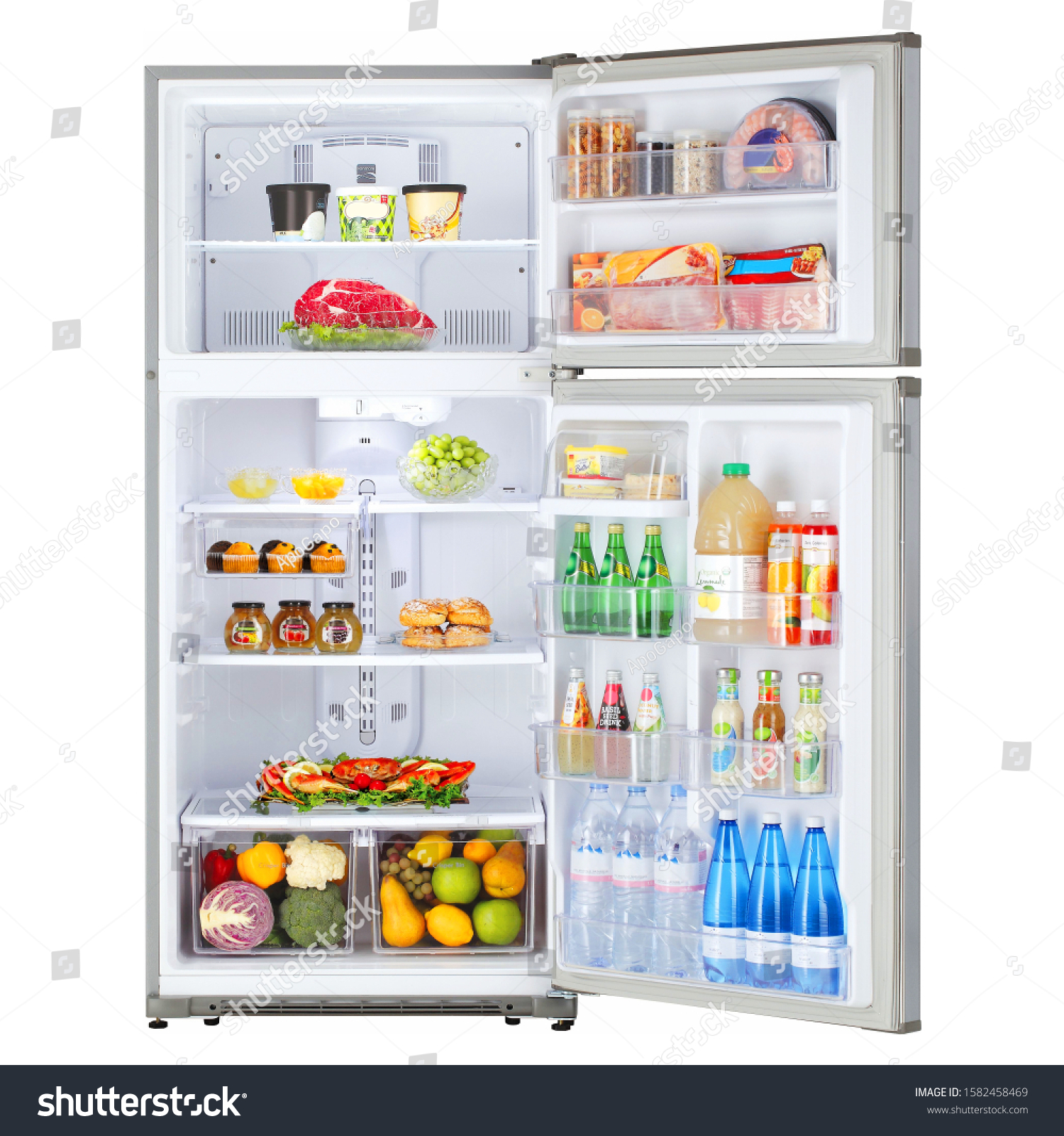 Open Refrigerator with Food Isolated on White. Front View of Stainless ...