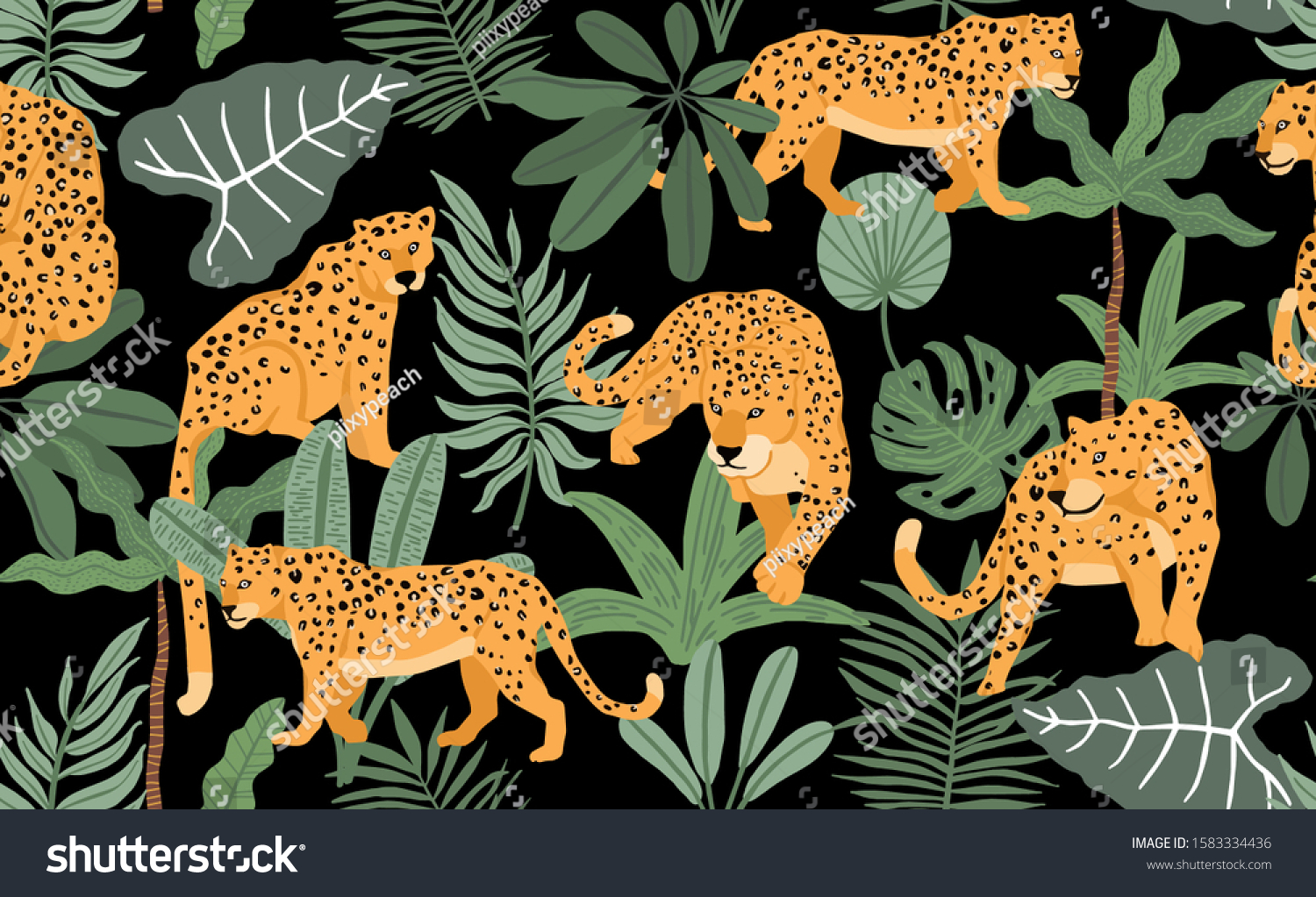 Safari background with leopard palm leaf.Vector illustration seamless ...