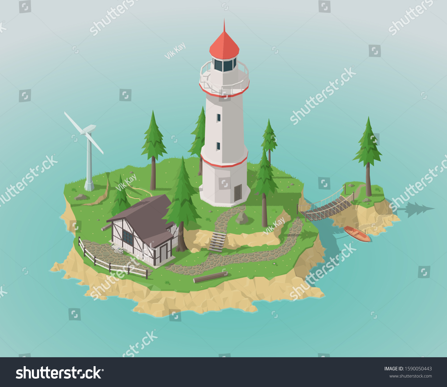 Isometric illustration with island and lighthouse._站酷海洛_正版图片_视频_字体_音乐素材 ...