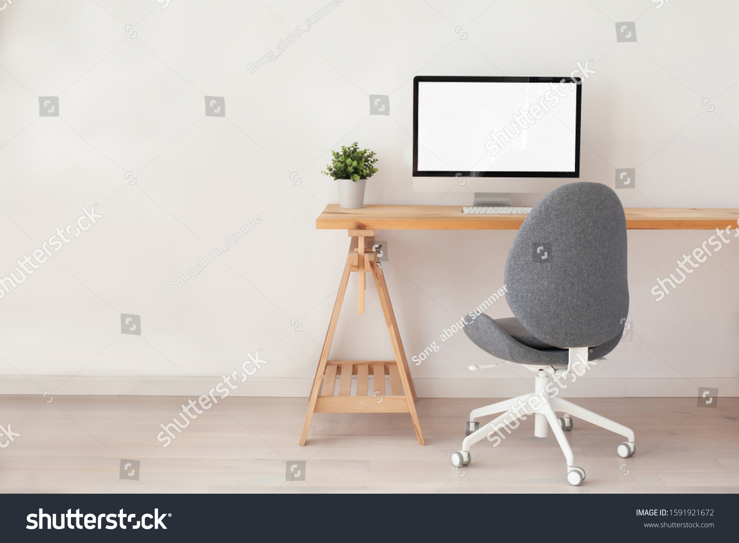 beautiful minimalist workspace interior computer on wooden table office ...
