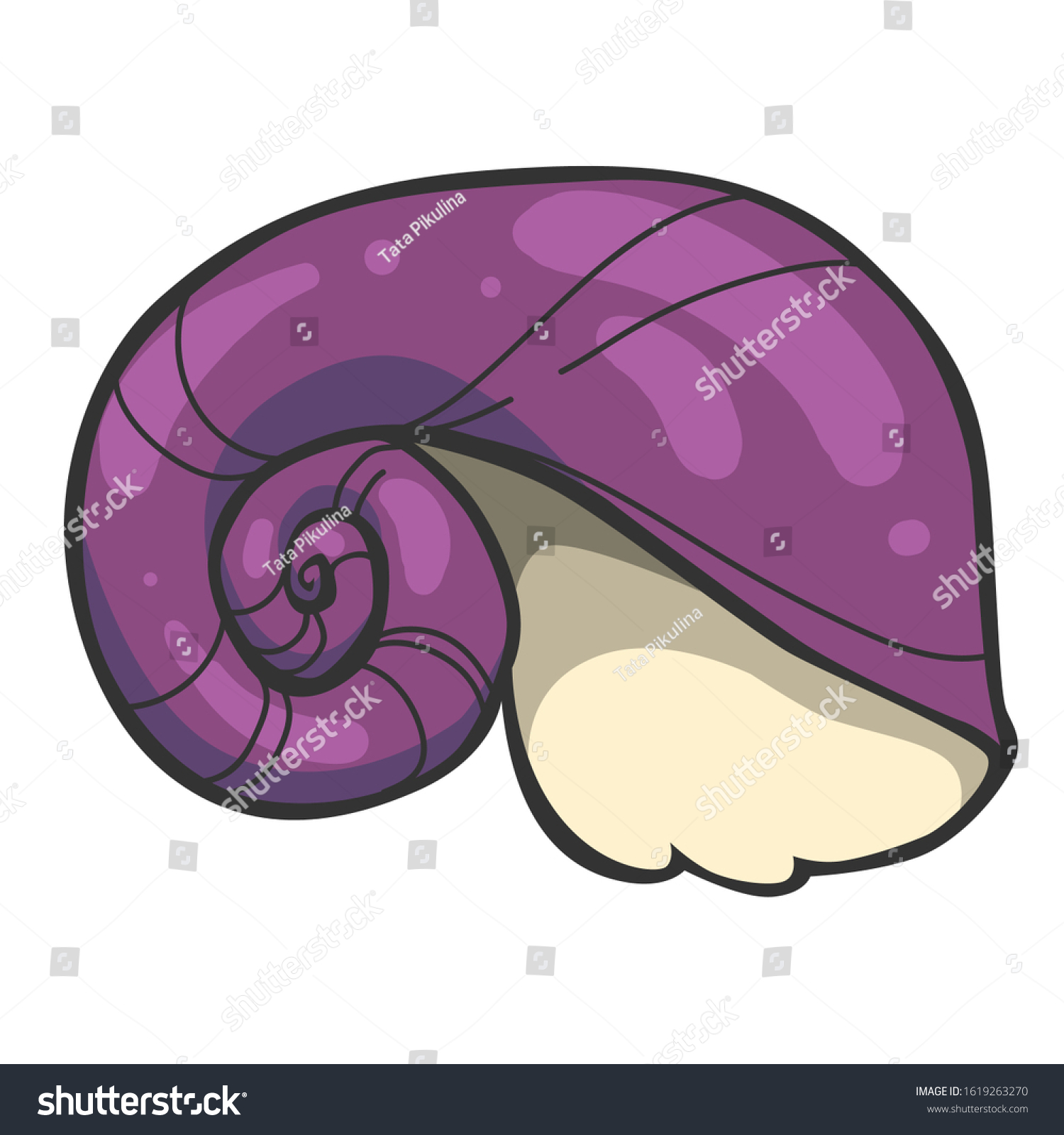 Vector isolated purple sea shell in cartoon style. Hand drawn ink ...