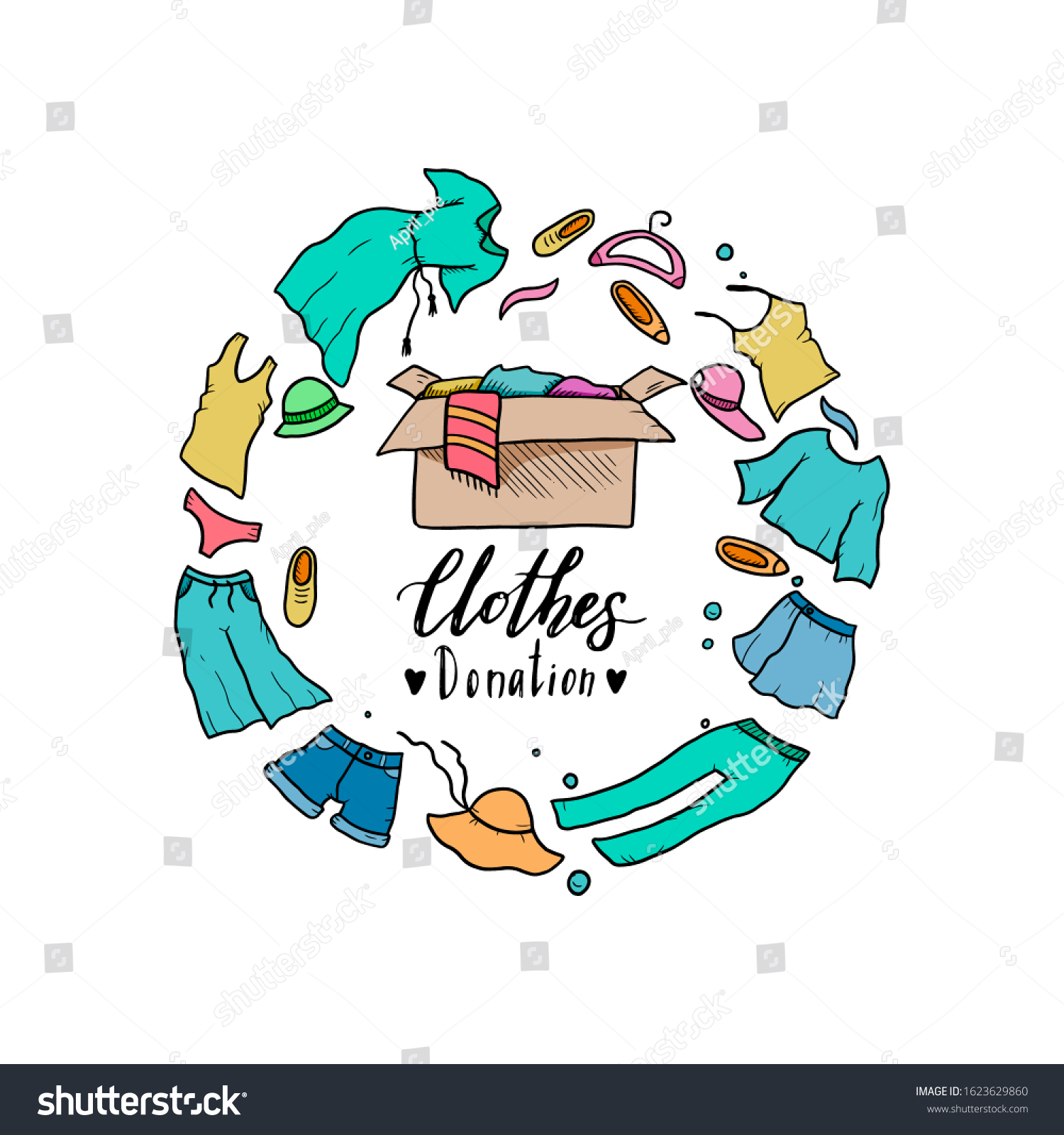 Hand drawn illustration of clothes donate charity care concept. Doodle ...