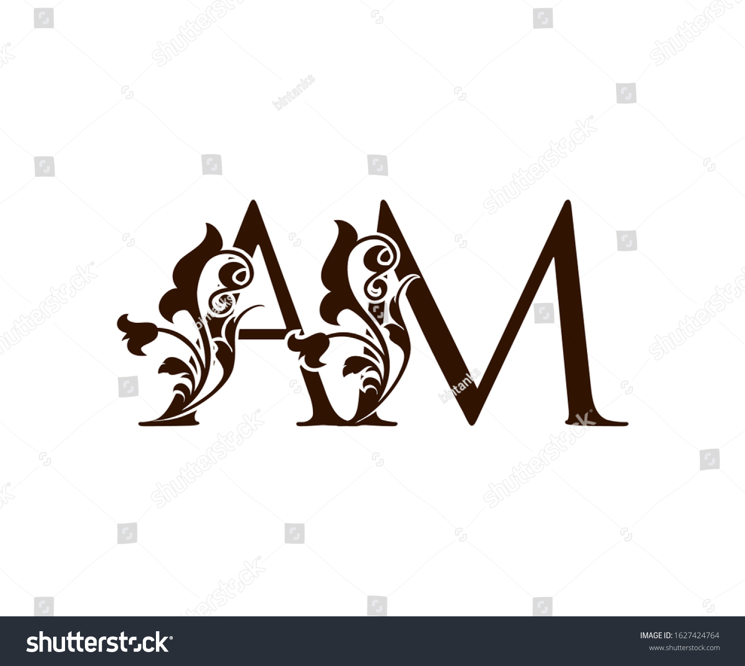 Initial letter A and M AM brown vintage decorative ornament emblem ...