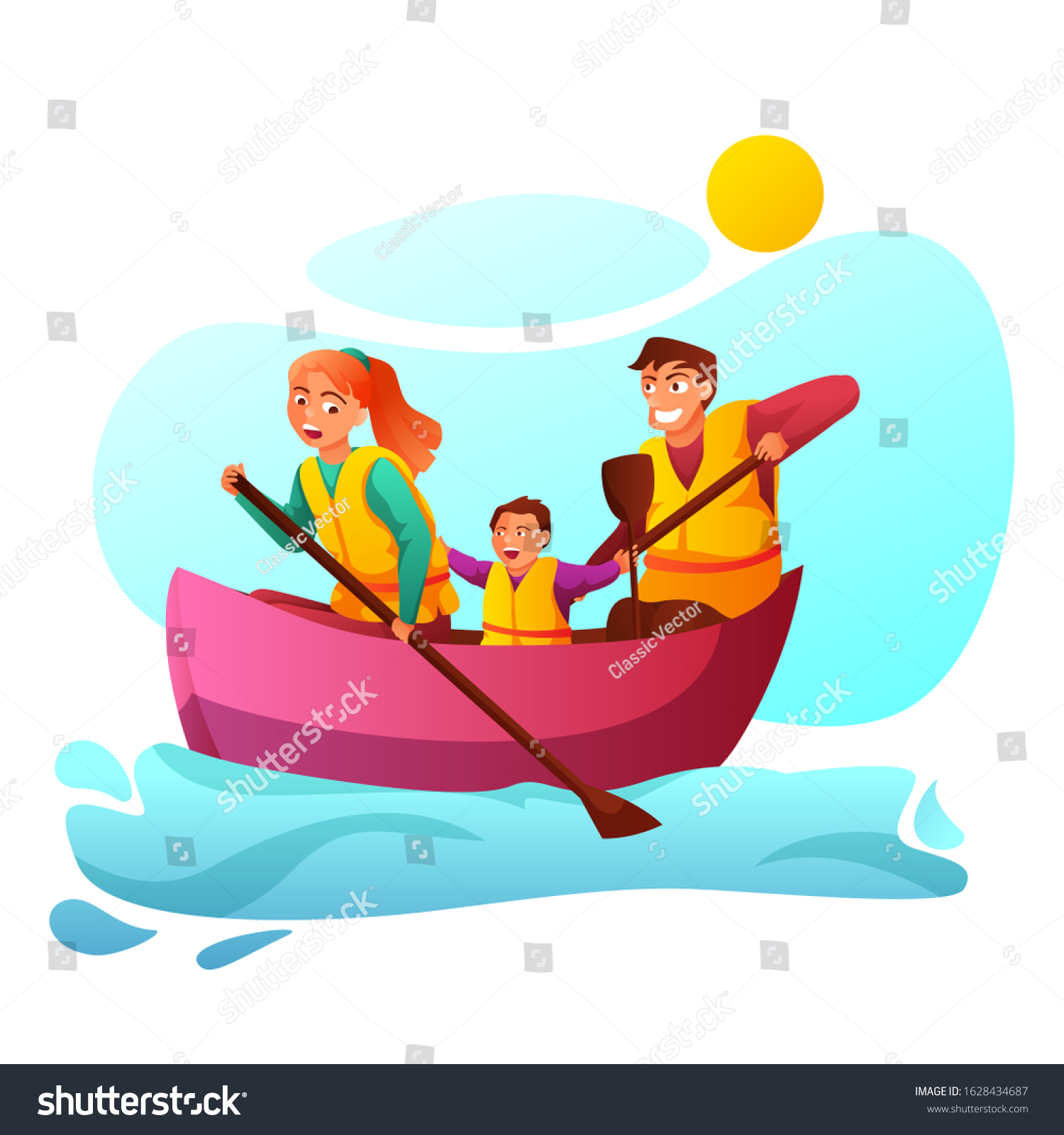 Family in boat on river flat vector illustration. Parents and son ...