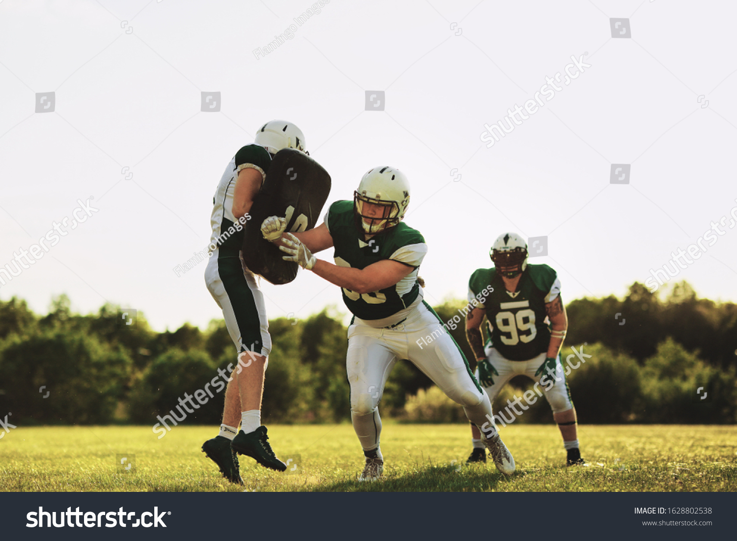 Group of American football players doing defense and tackling drills ...