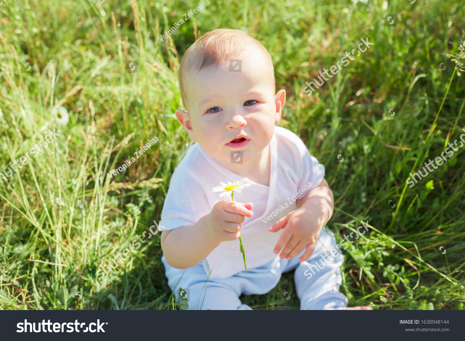 Happy child sit on the field with white flowers and green grass ...